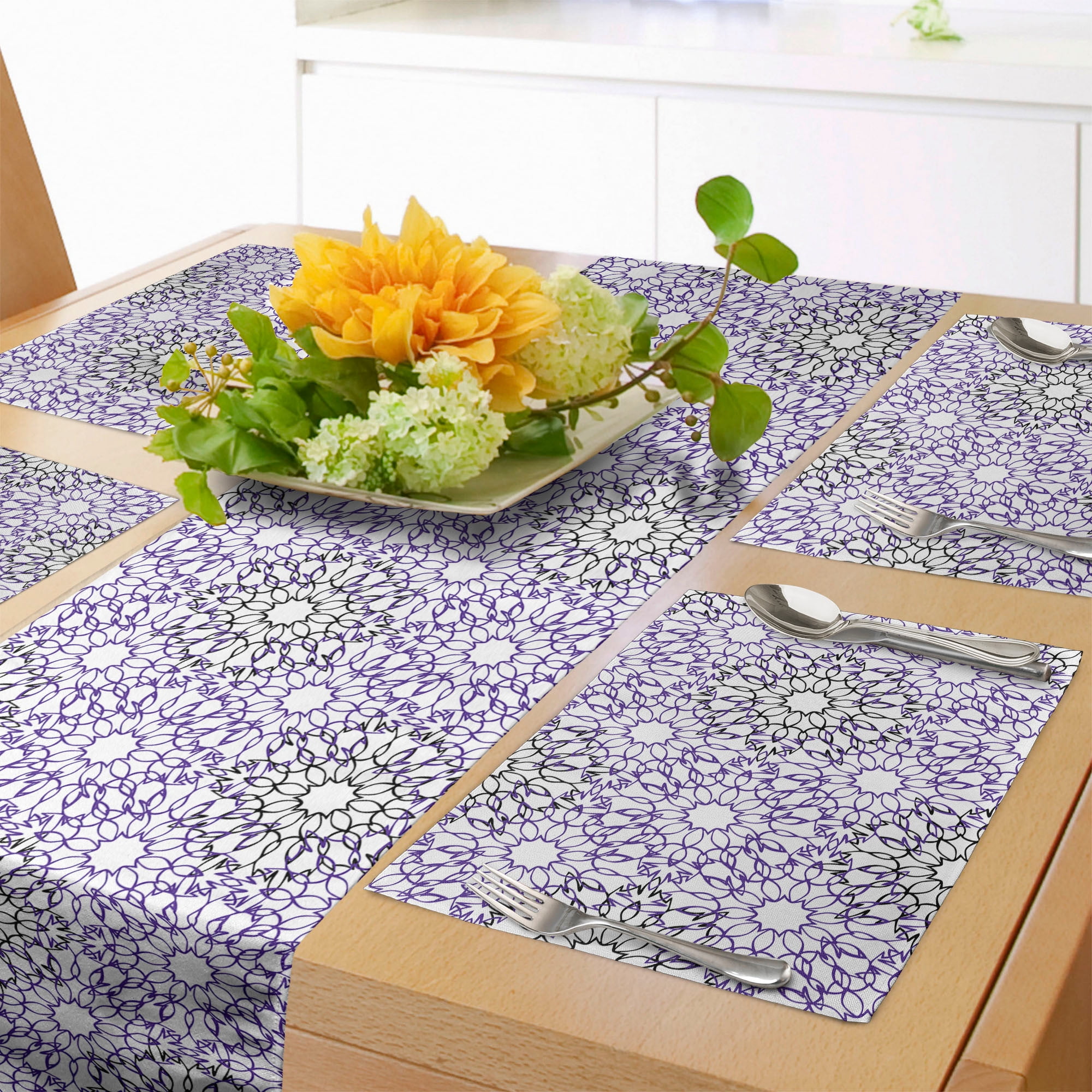 Ambesonne Abstract Table Runner & Placemats, Floral Themed Line Art ...