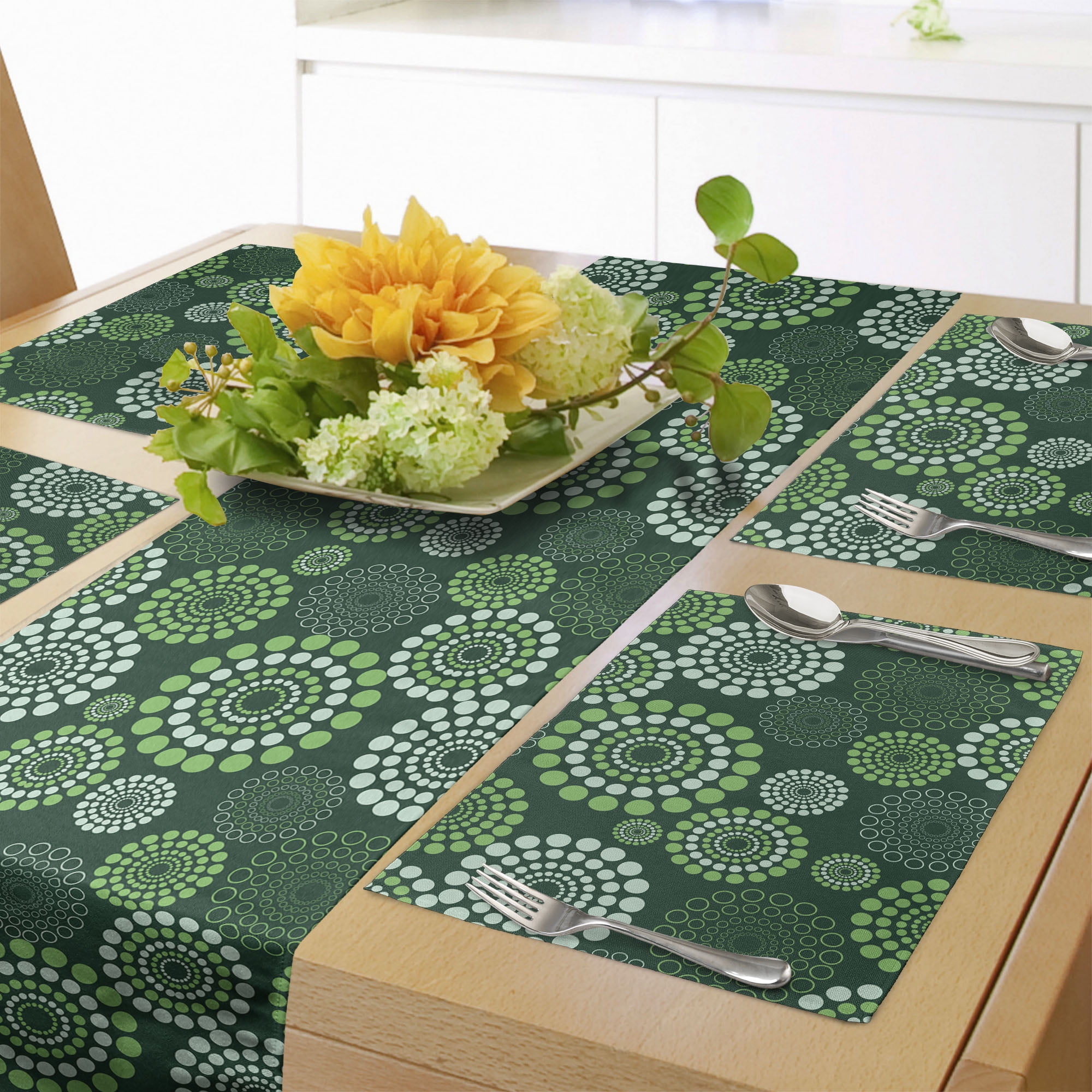 Ambesonne Abstract Table Runner & Placemats, Green Dotted Pattern ...