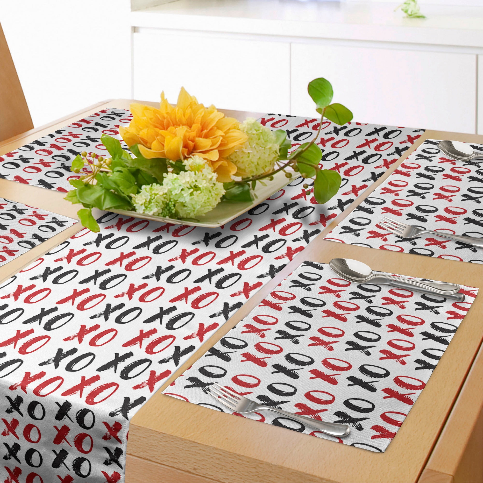 Ambesonne Abstract Table Runner & Placemats, Grungy Calligraphic Xoxo ...
