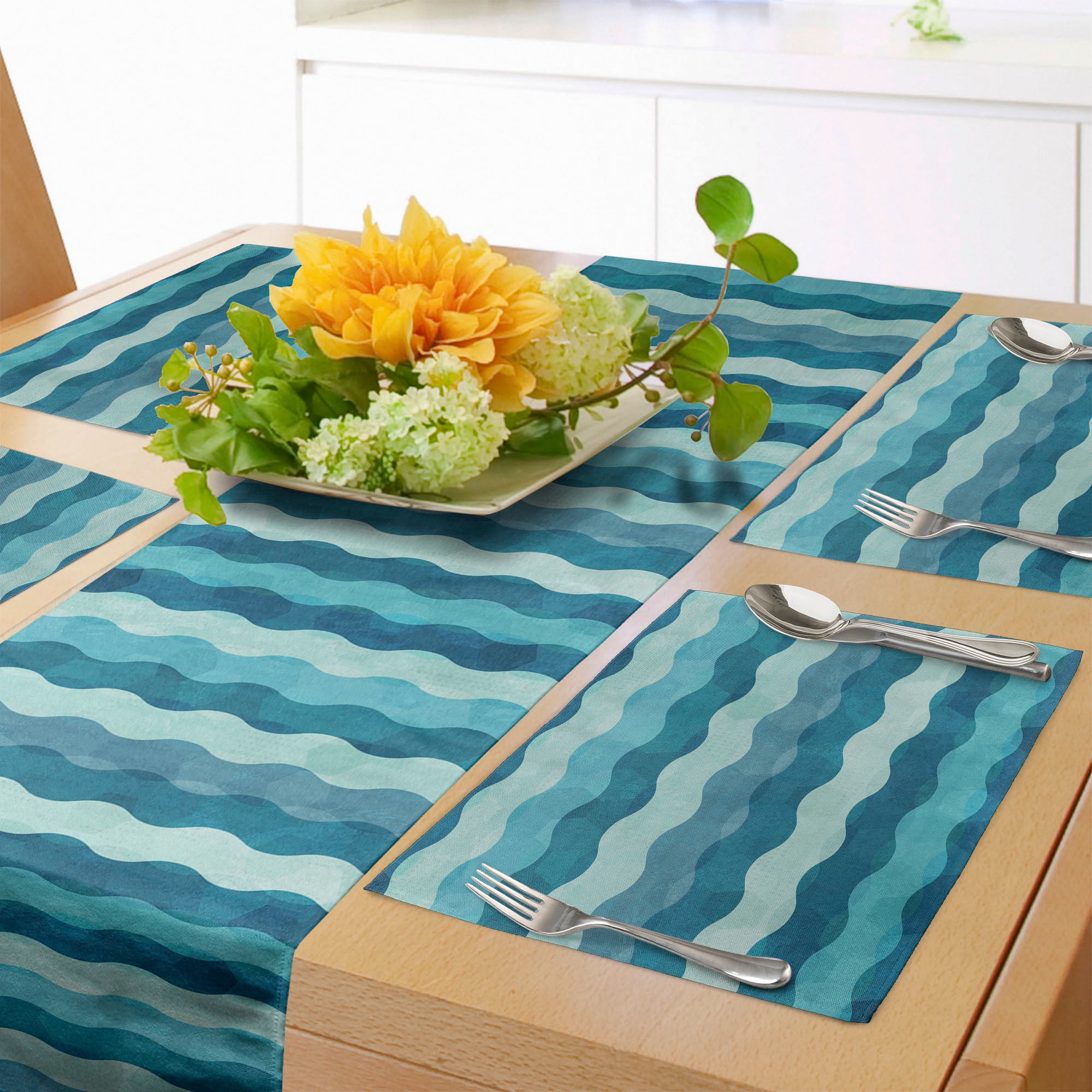 Ambesonne Abstract Table Runner & Placemats, Ocean Waves Aquatic ...