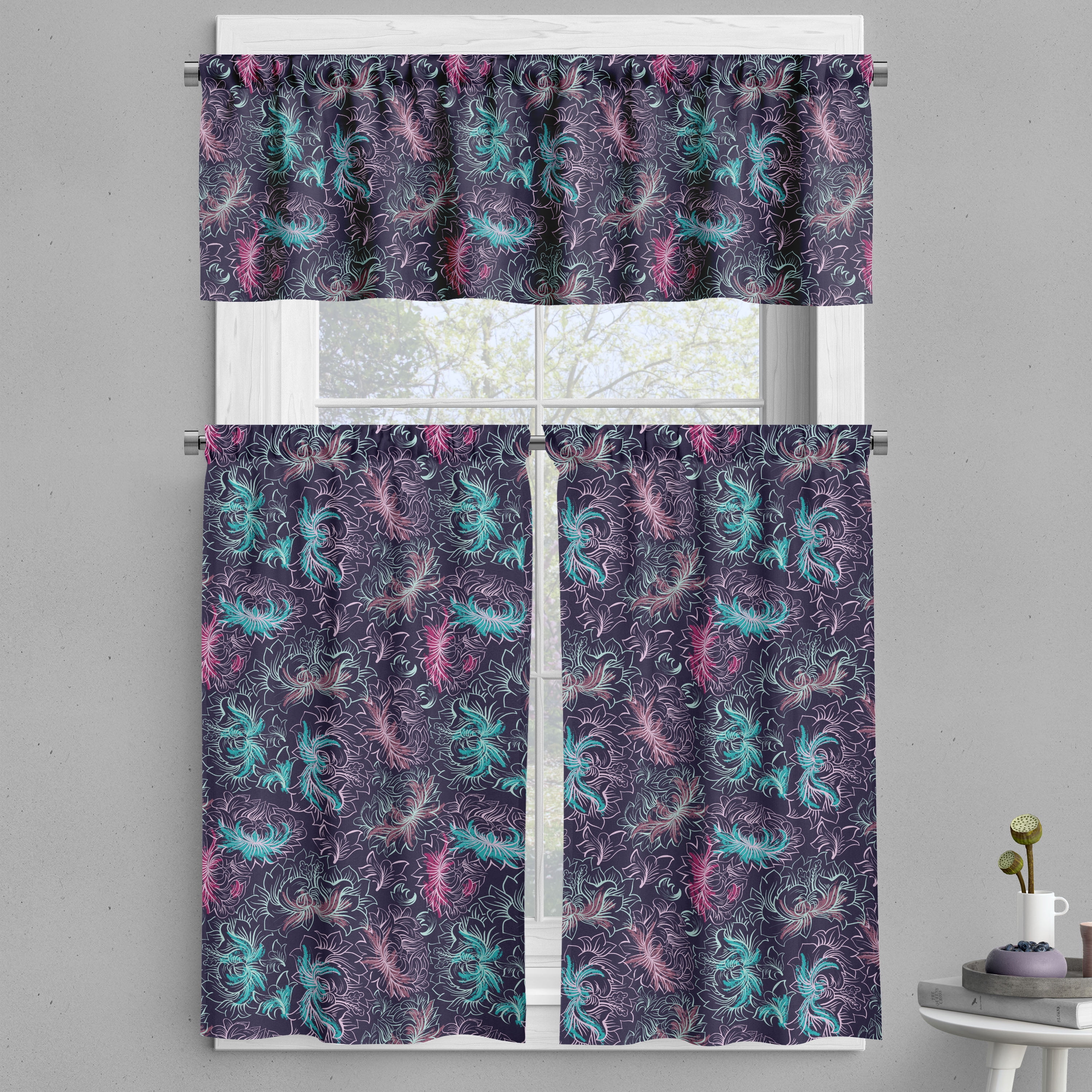 Ambesonne Abstract Valance & Curtain, Floral Outline Drawings, 55"x30 ...