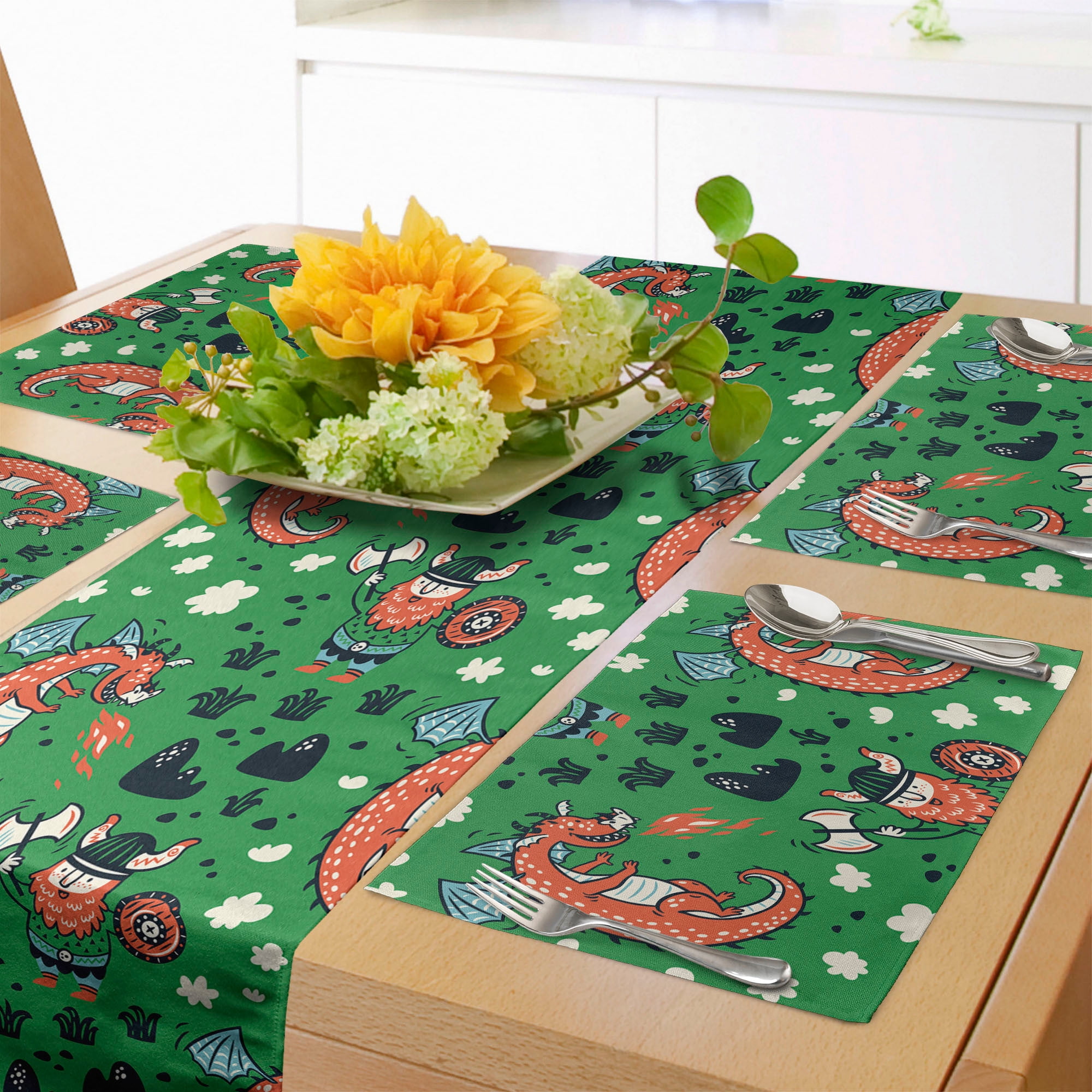 Ambesonne Adventure Table Runner & Placemats, Dragon and Viking Man ...