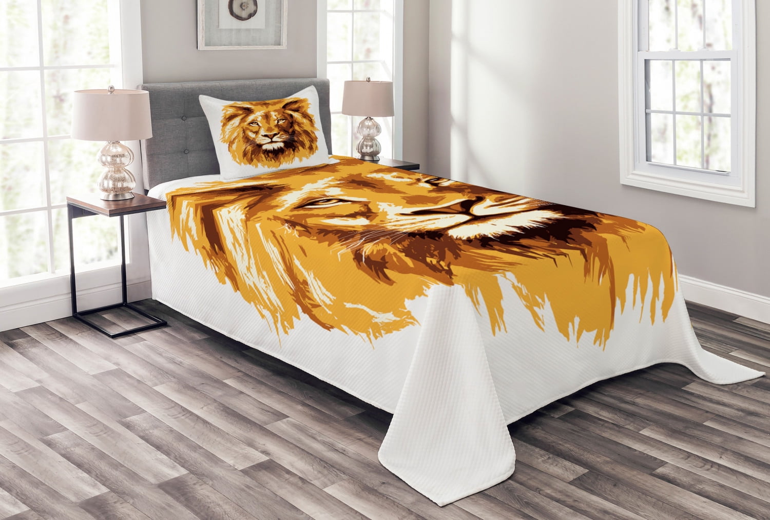Ambesonne Africa Quilted Bedspread Set 2 Pcs, Tropics Savannah Lion Art ...