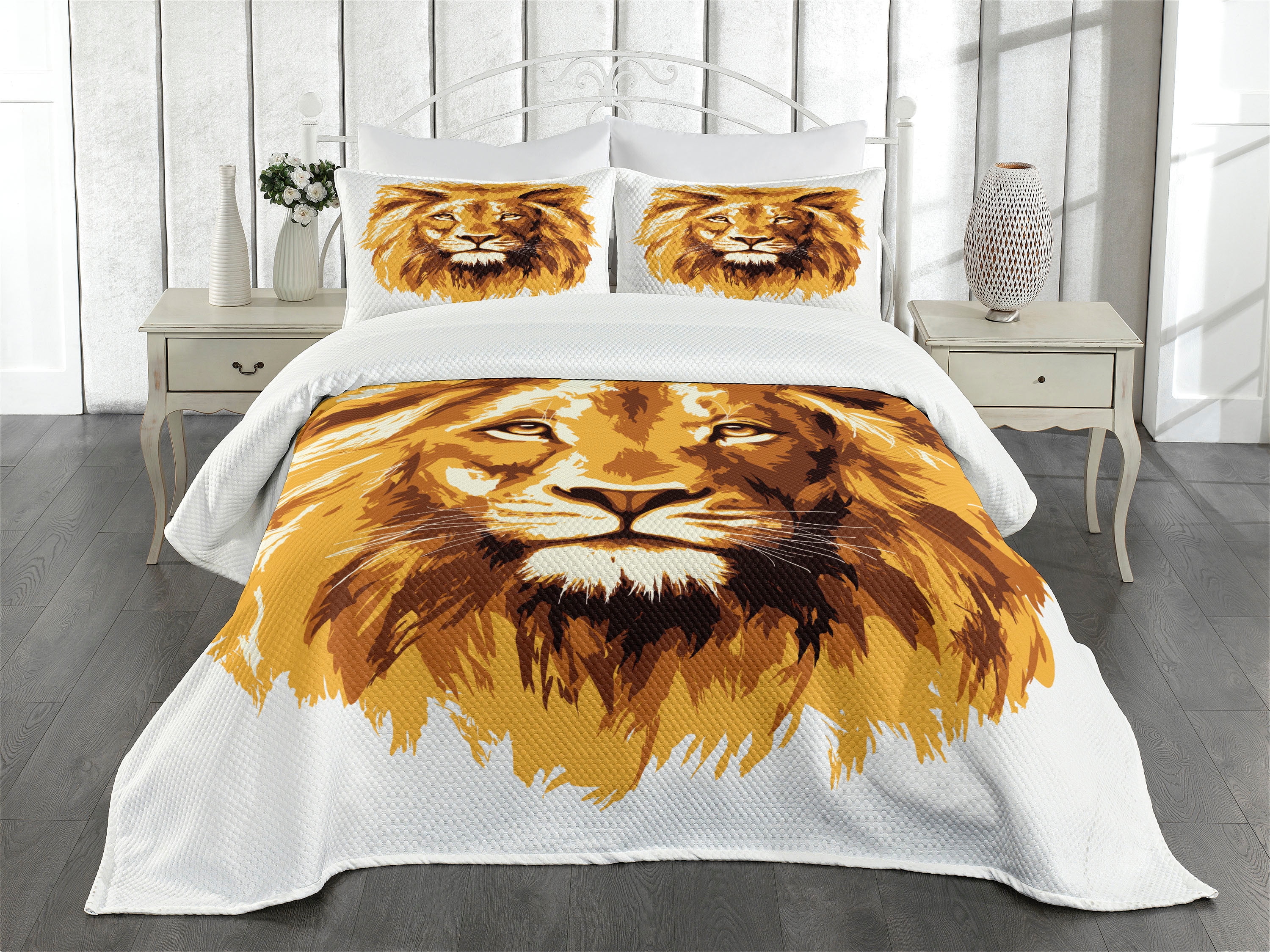 Ambesonne Africa Quilted Bedspread Set 3 Pcs, Tropics Savannah Lion Art ...