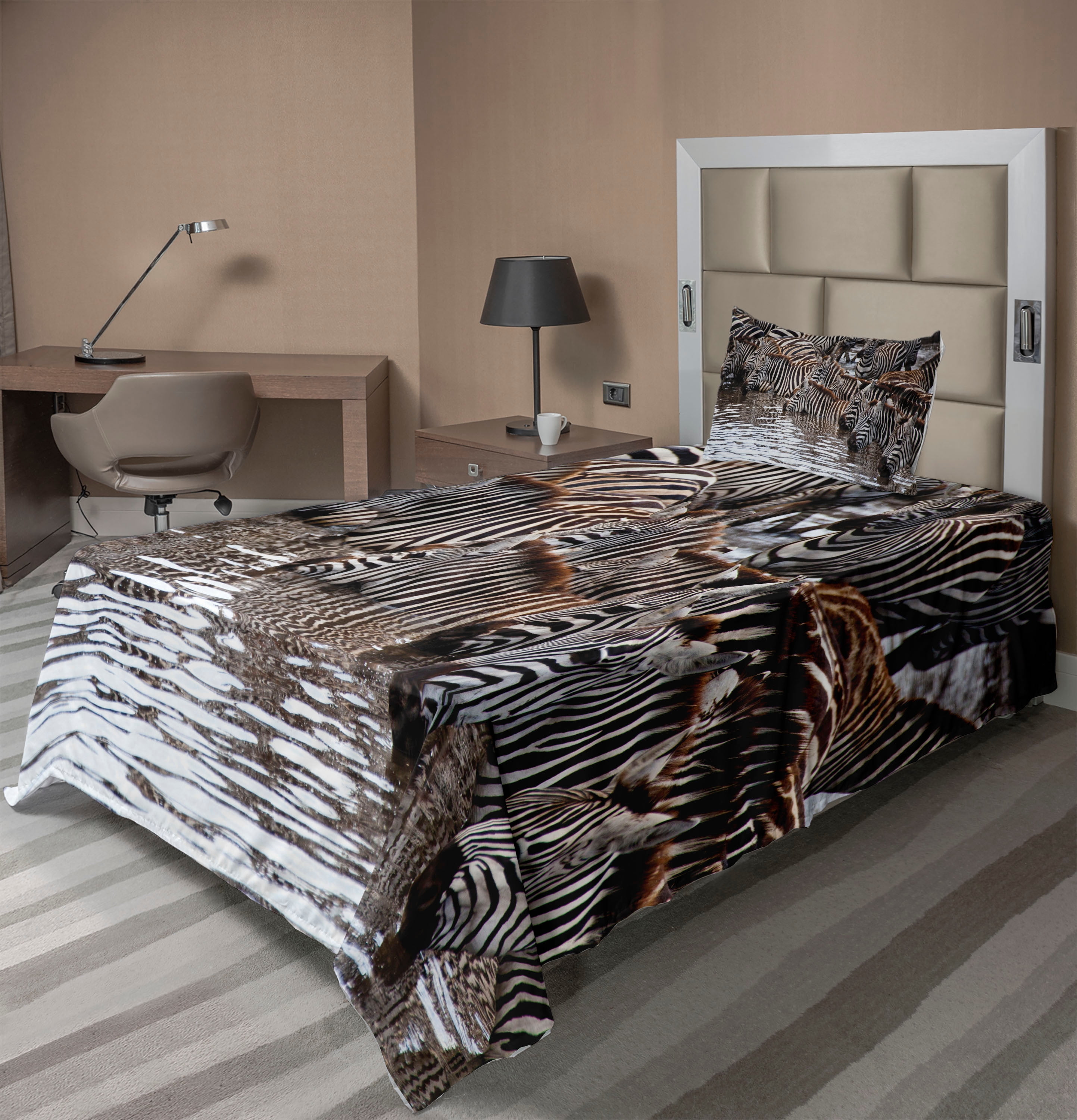 Ambesonne African Fitted & Top Sheet Set with Sham, Zebra Wildebeest ...