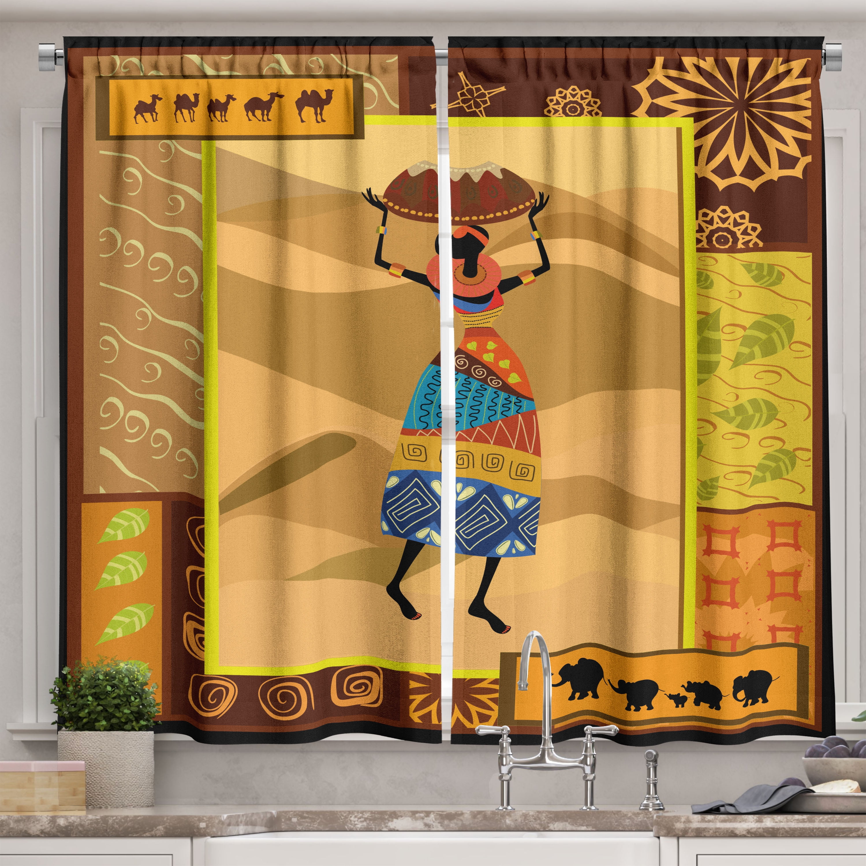 Ambesonne African Kitchen Curtains, Camels s, 55"x45", Multicolor ...