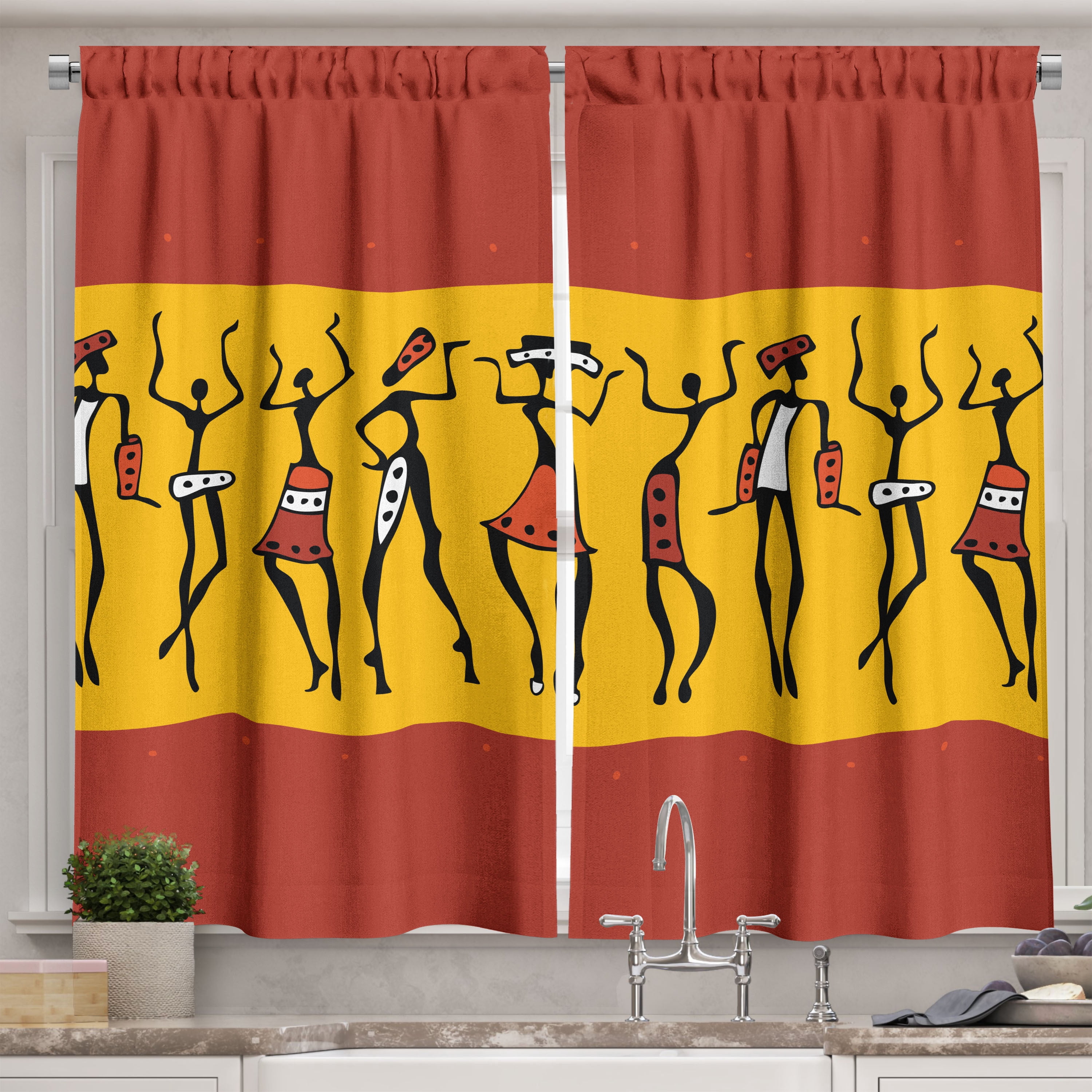 Ambesonne African Kitchen Curtains, Dancing People, 55"x39", Dark ...