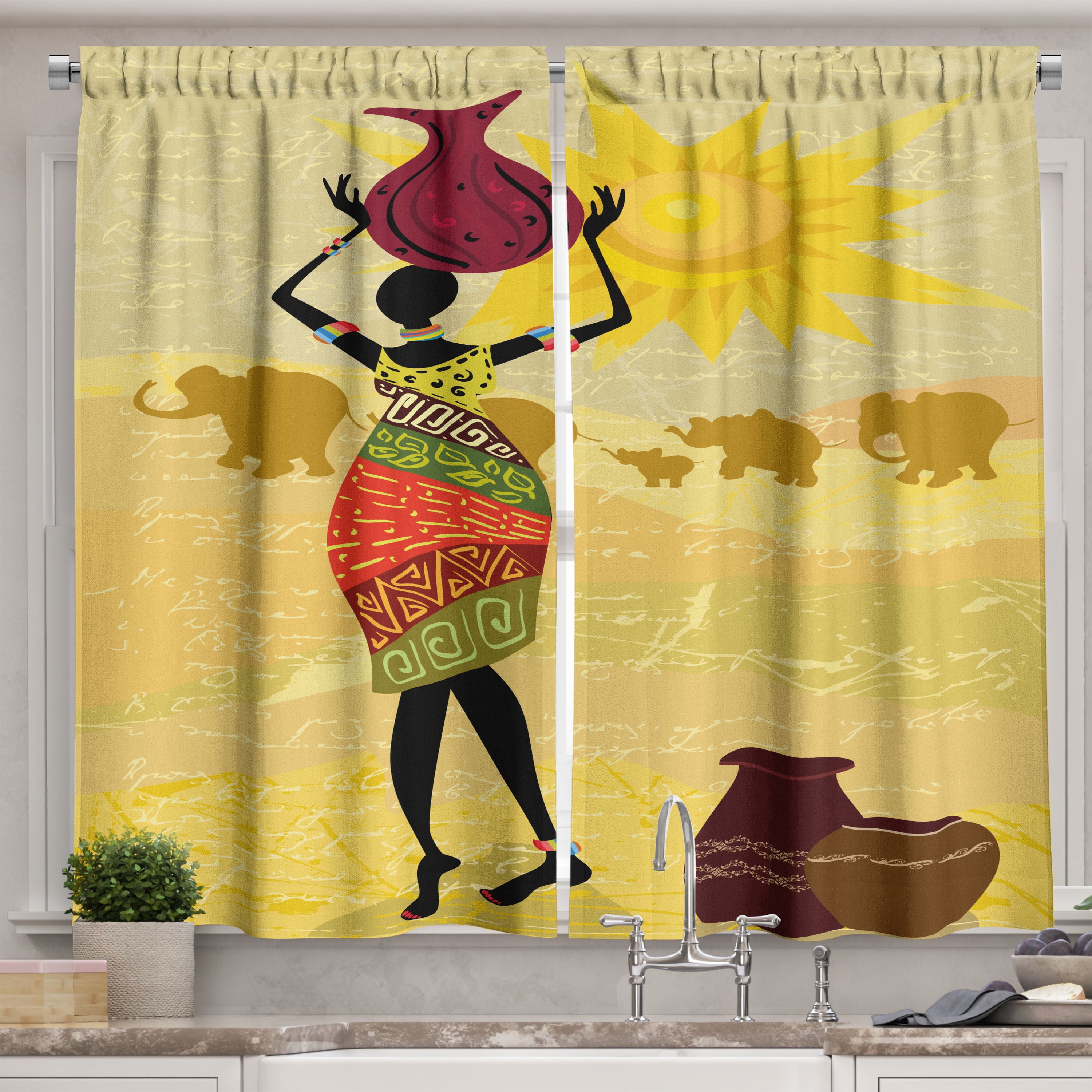 Ambesonne African Kitchen Curtains, Elephants Sun Art, 55"x39 ...
