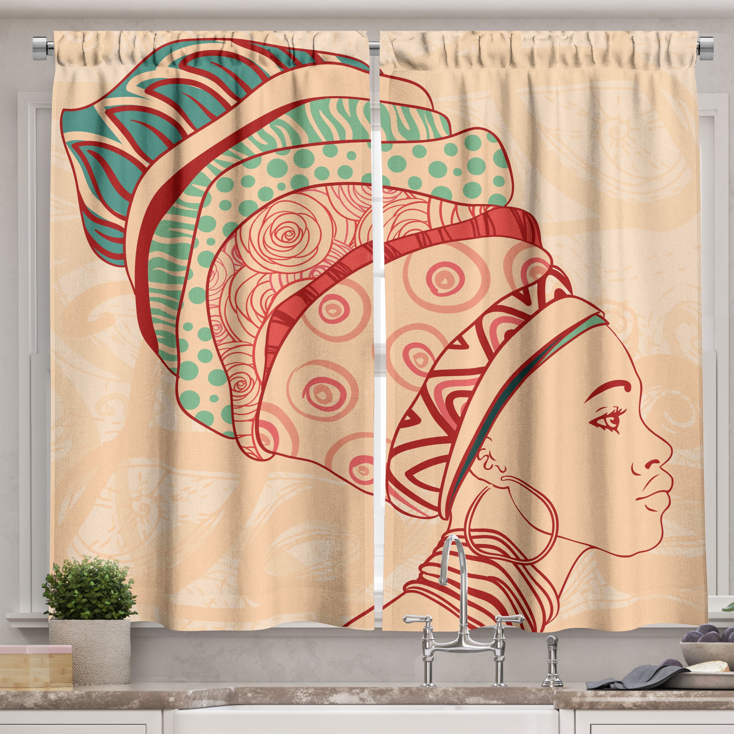 Ambesonne African Kitchen Curtains, Female Turban, 55"x39", Peach Red ...