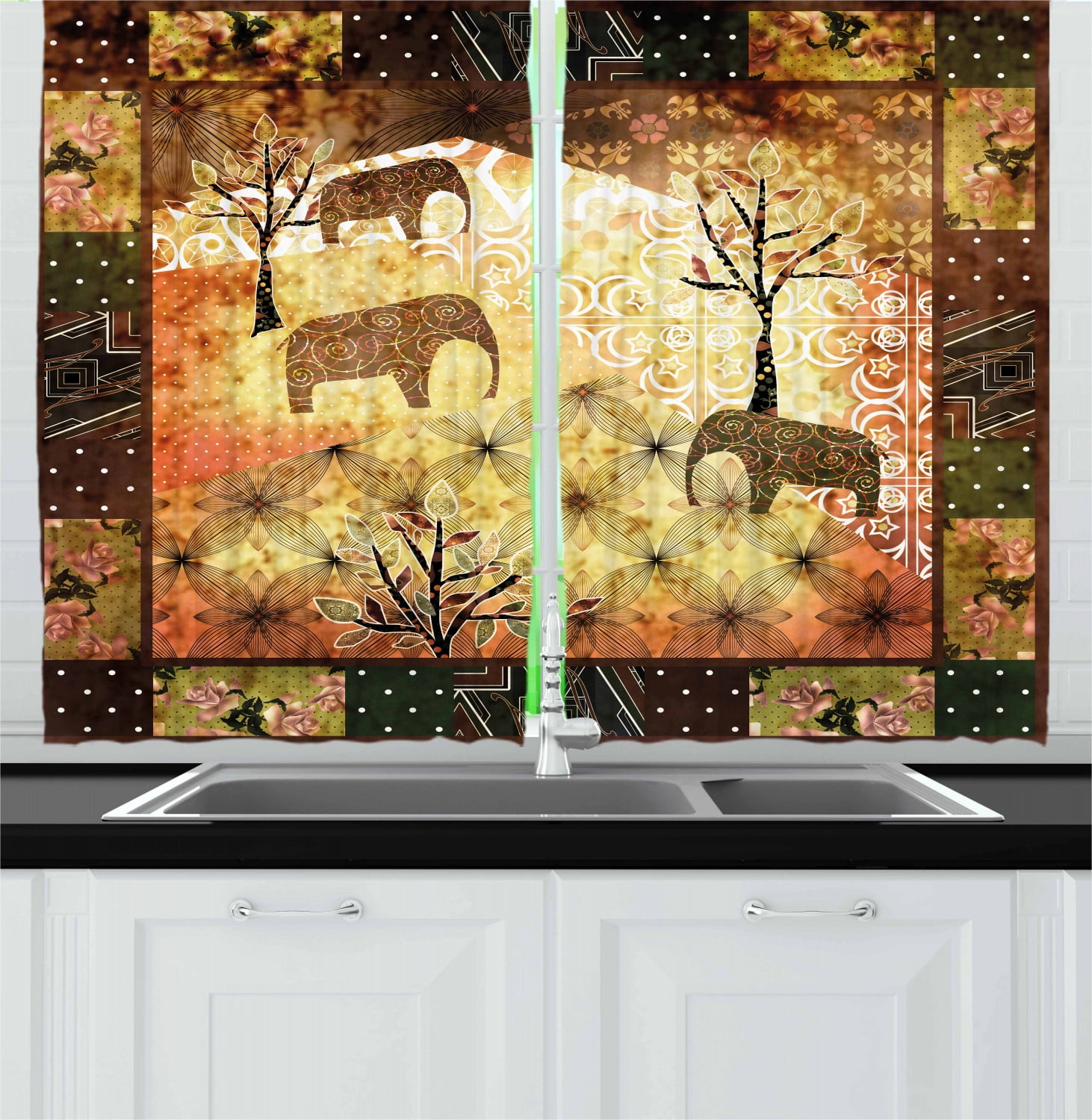 Ambesonne African Kitchen Curtains, Grunge Elephants Roses, 55"x39 ...
