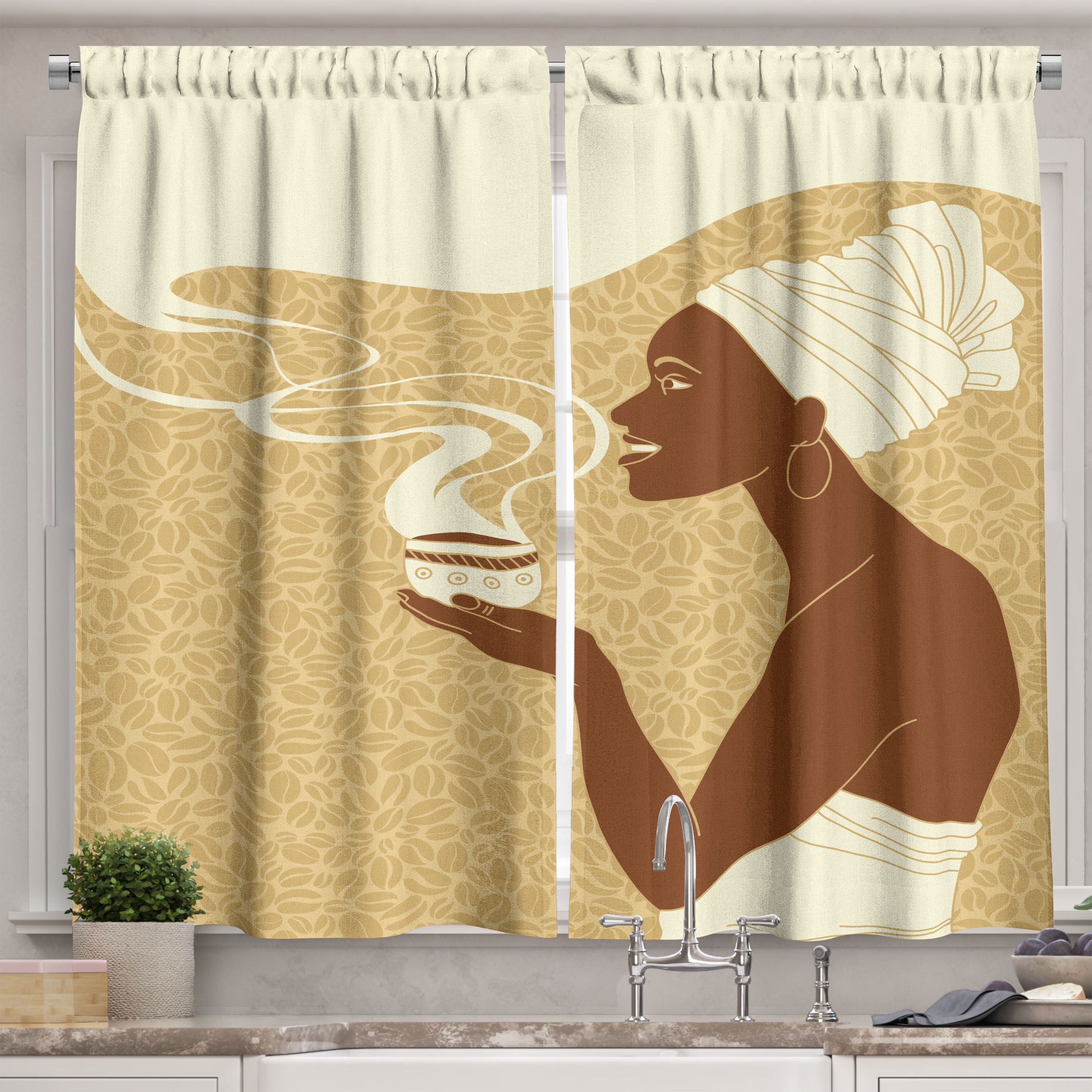 Ambesonne African Kitchen Curtains, Happy Afro Lady, 55"x45", Brown ...