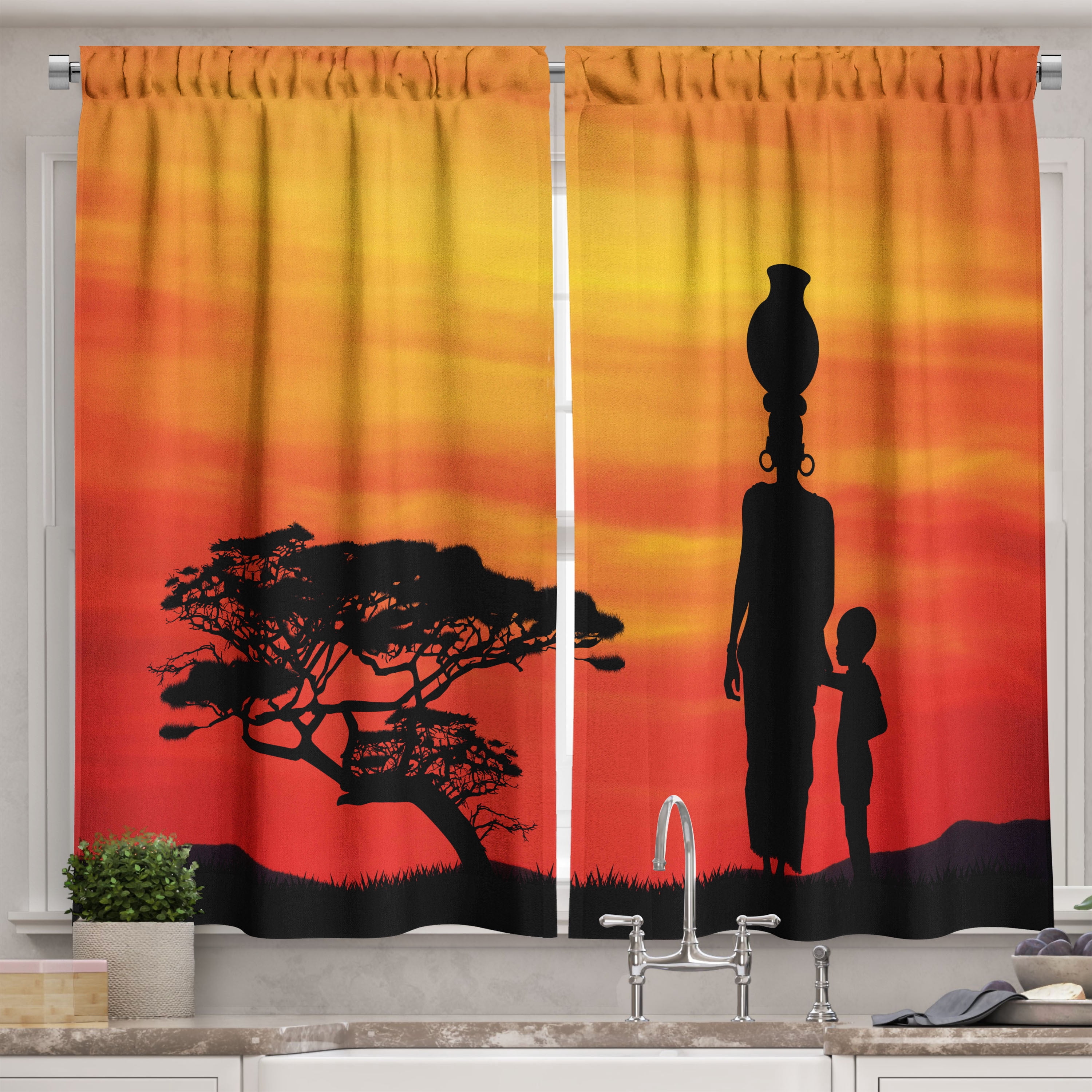 Ambesonne African Kitchen Curtains, Mother and, 55"x39", Scarlet Yellow ...