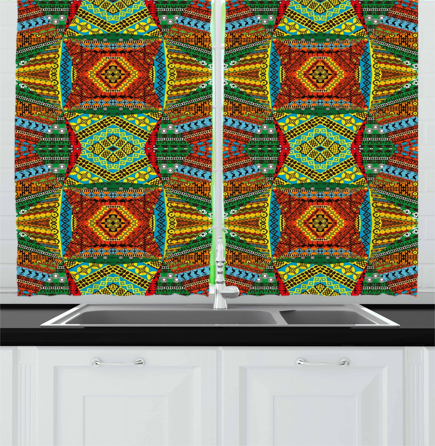 Ambesonne African Kitchen Curtains, Native Motifs, 55"x39", Multicolor ...