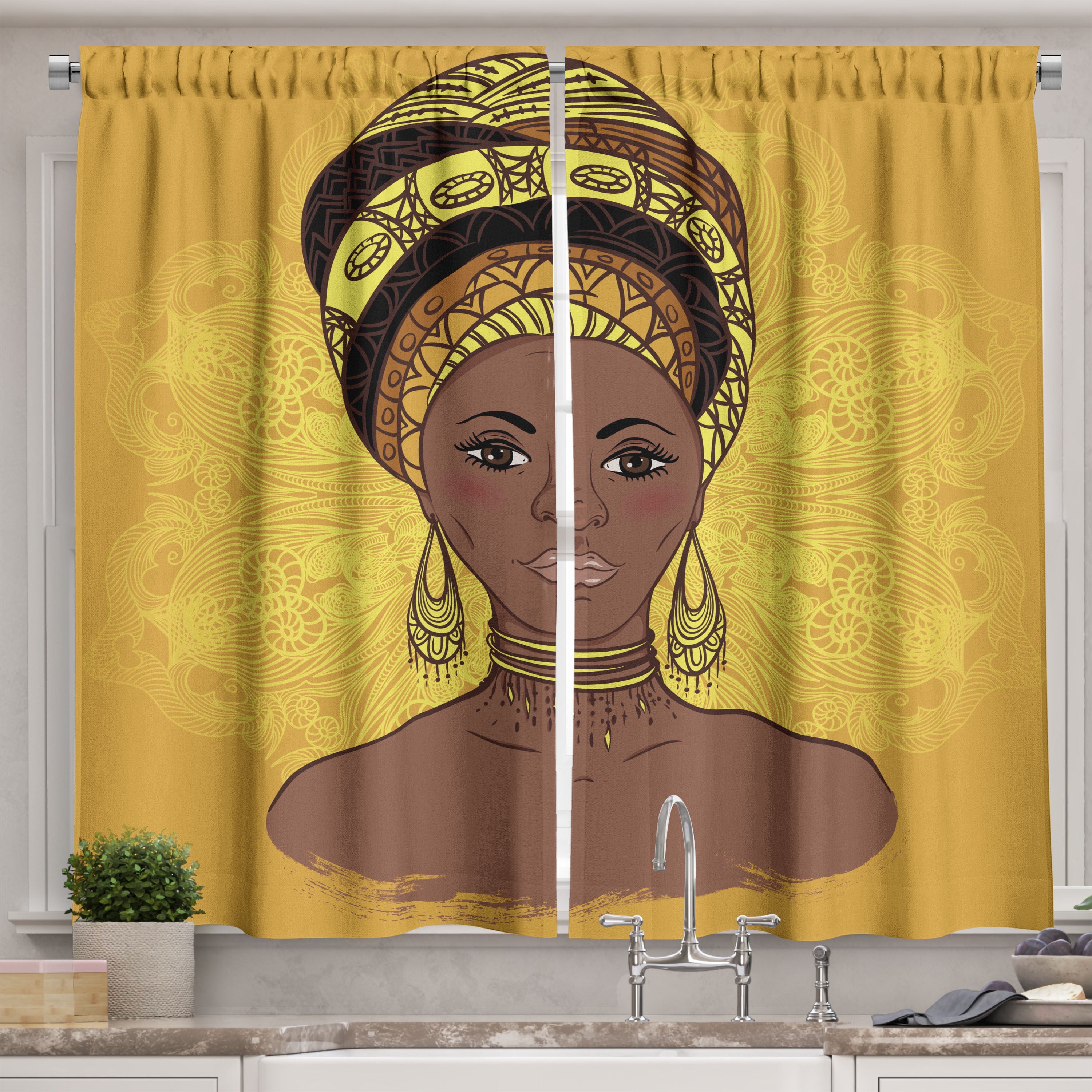 Ambesonne African Kitchen Curtains, Portrait, 55"x39", Yellow Brown ...