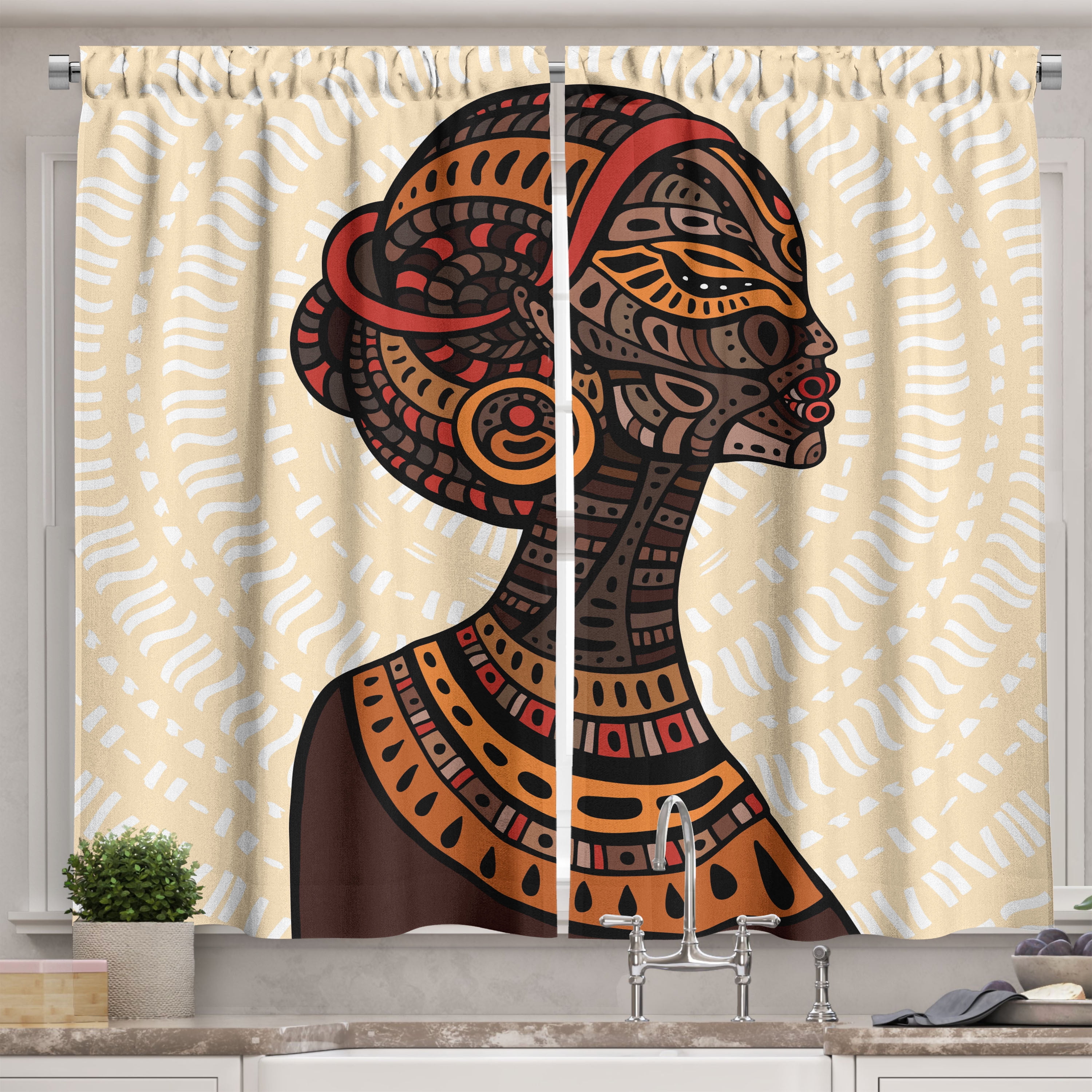 Ambesonne African Kitchen Curtains, Portrait Folk Art, 55"x39 ...