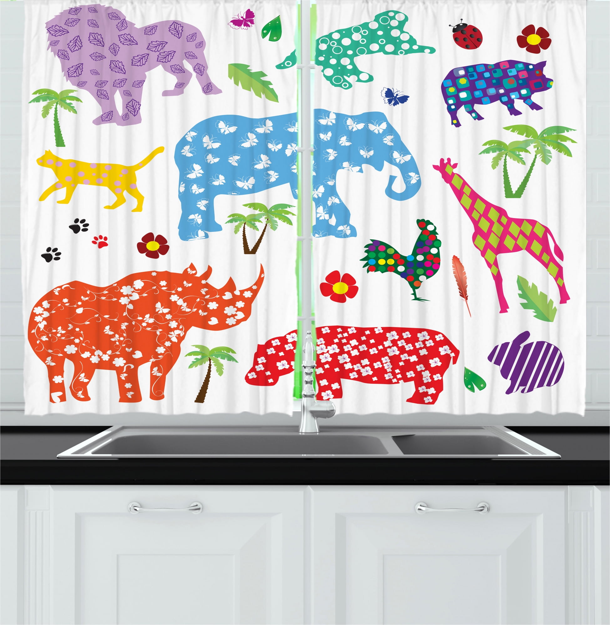 Ambesonne African Kitchen Curtains, Wild Animals Floral, 55"x45", Multi ...