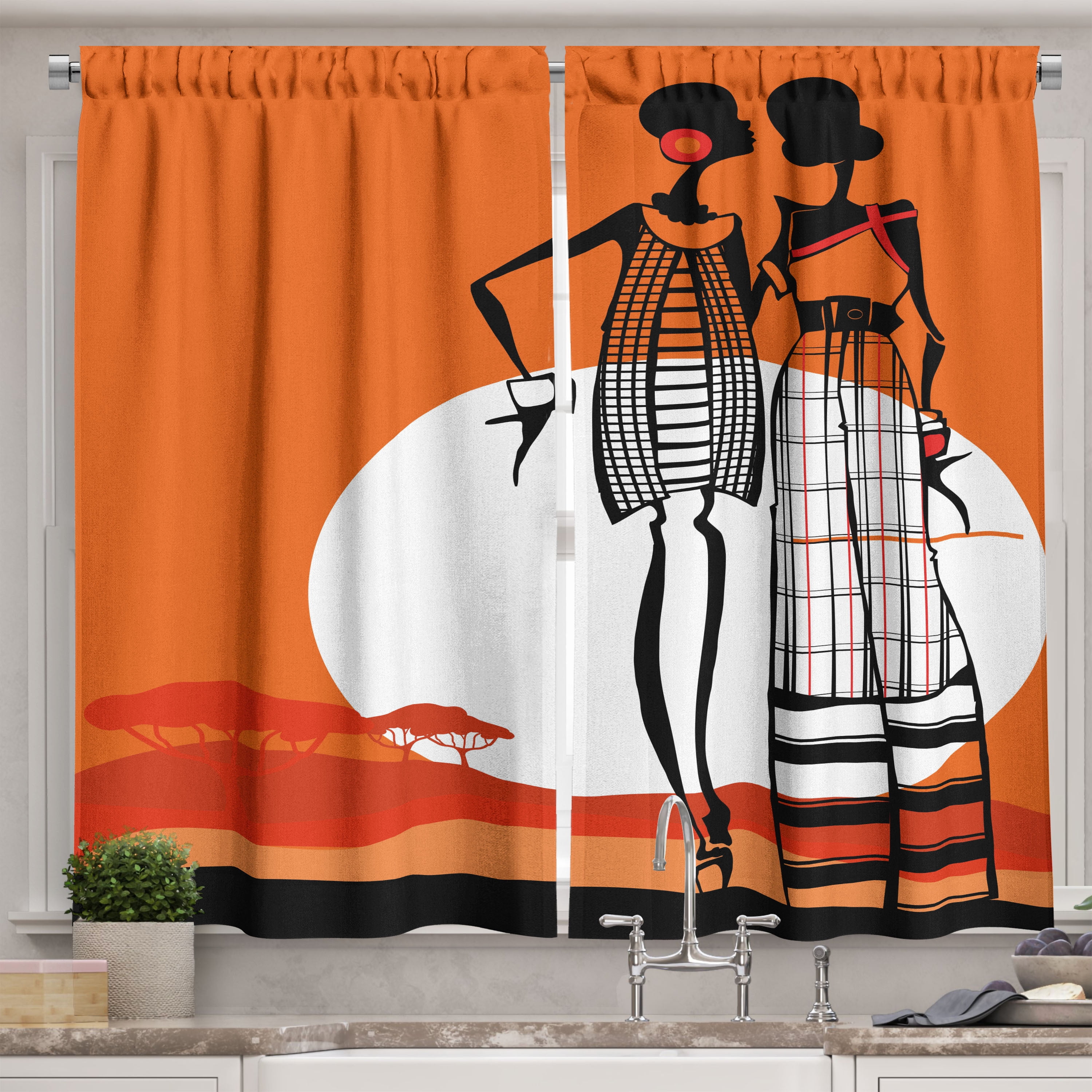 Ambesonne African Kitchen Curtains, Women on Desert, 55"x39", White ...