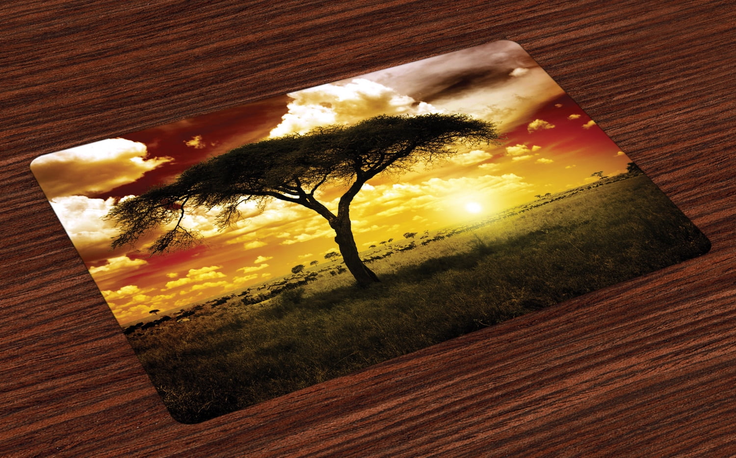 Ambesonne African Place Mats Set of 4, Sunset in Savannah Animal ...