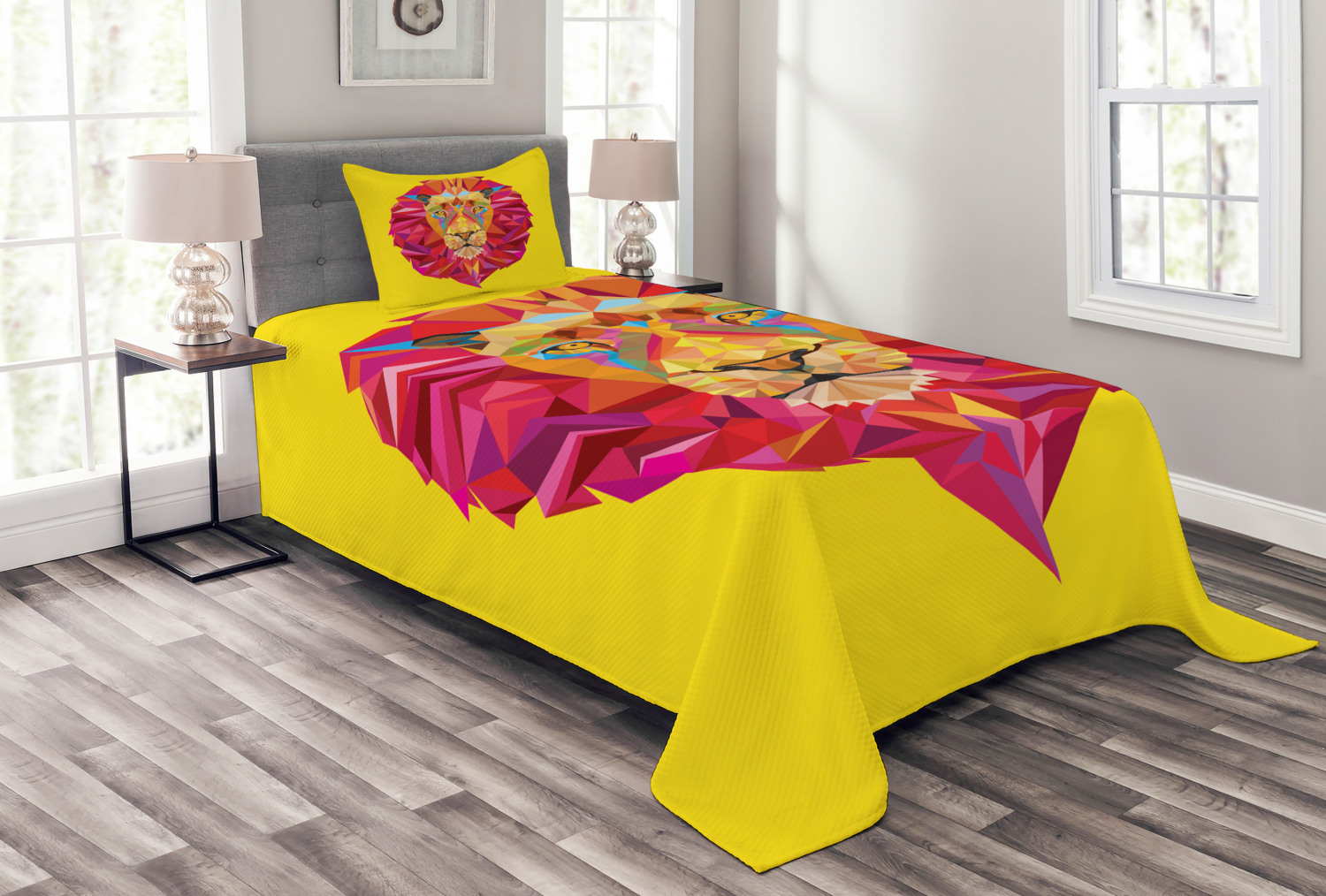 Ambesonne African Quilted Bedspread Set 2 Pcs, Colorful Geometric Lion ...