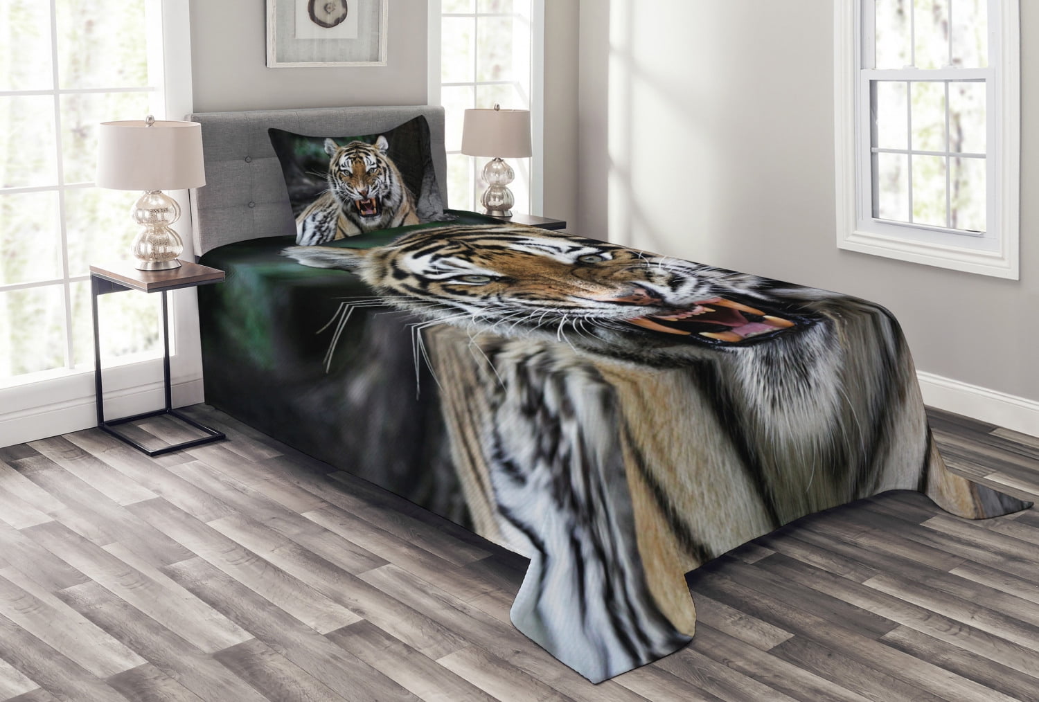 Ambesonne African Quilted Bedspread Set 2 Pcs, Roaring Tiger Wildlife ...