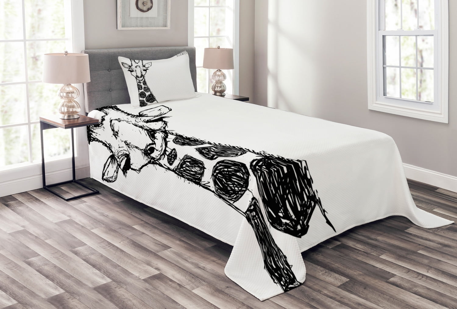 Ambesonne African Quilted Bedspread Set 2 Pcs, Sketchy Savannah Giraffe ...