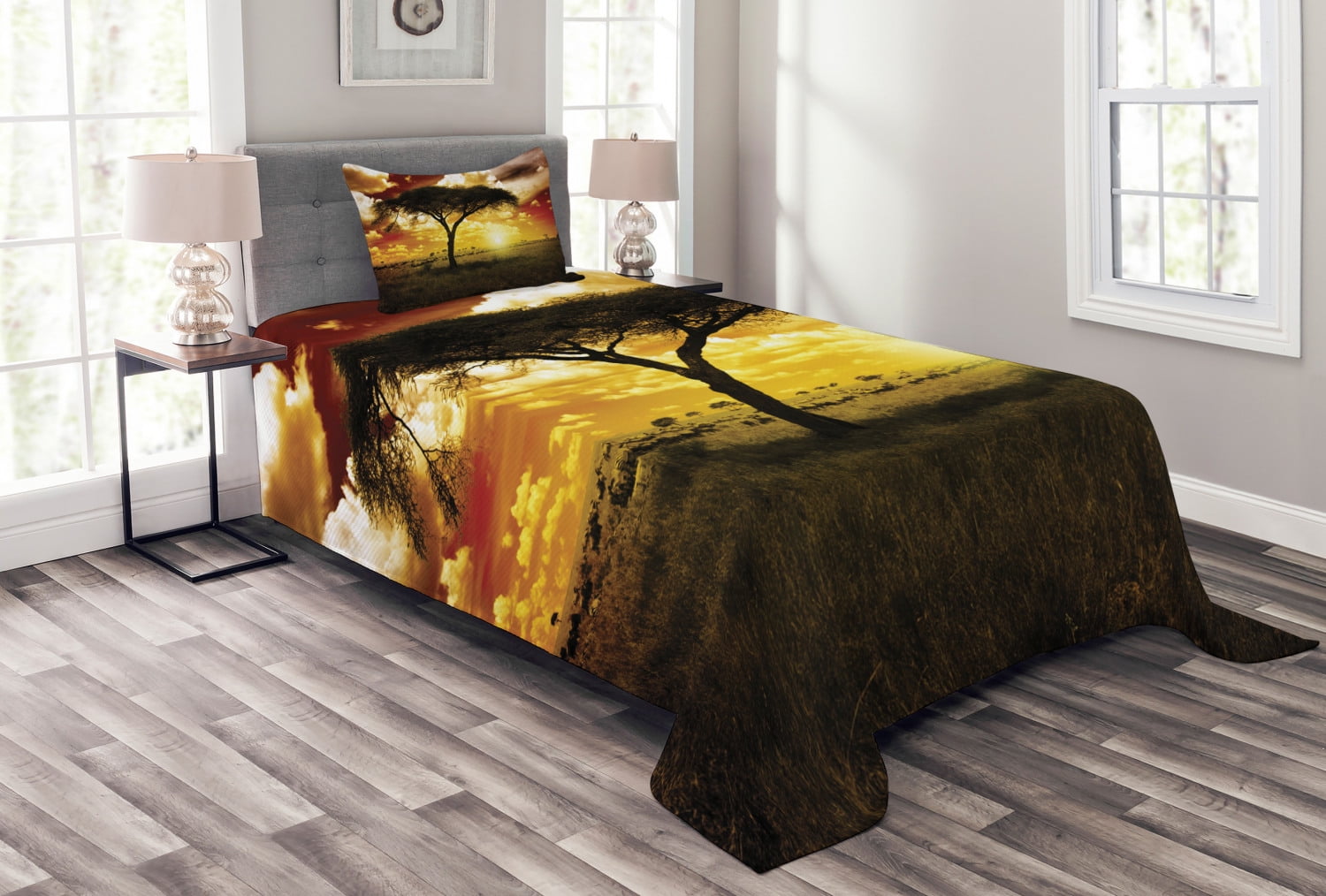 Ambesonne African Quilted Bedspread Set 2 Pcs, Sunset in Savannah ...