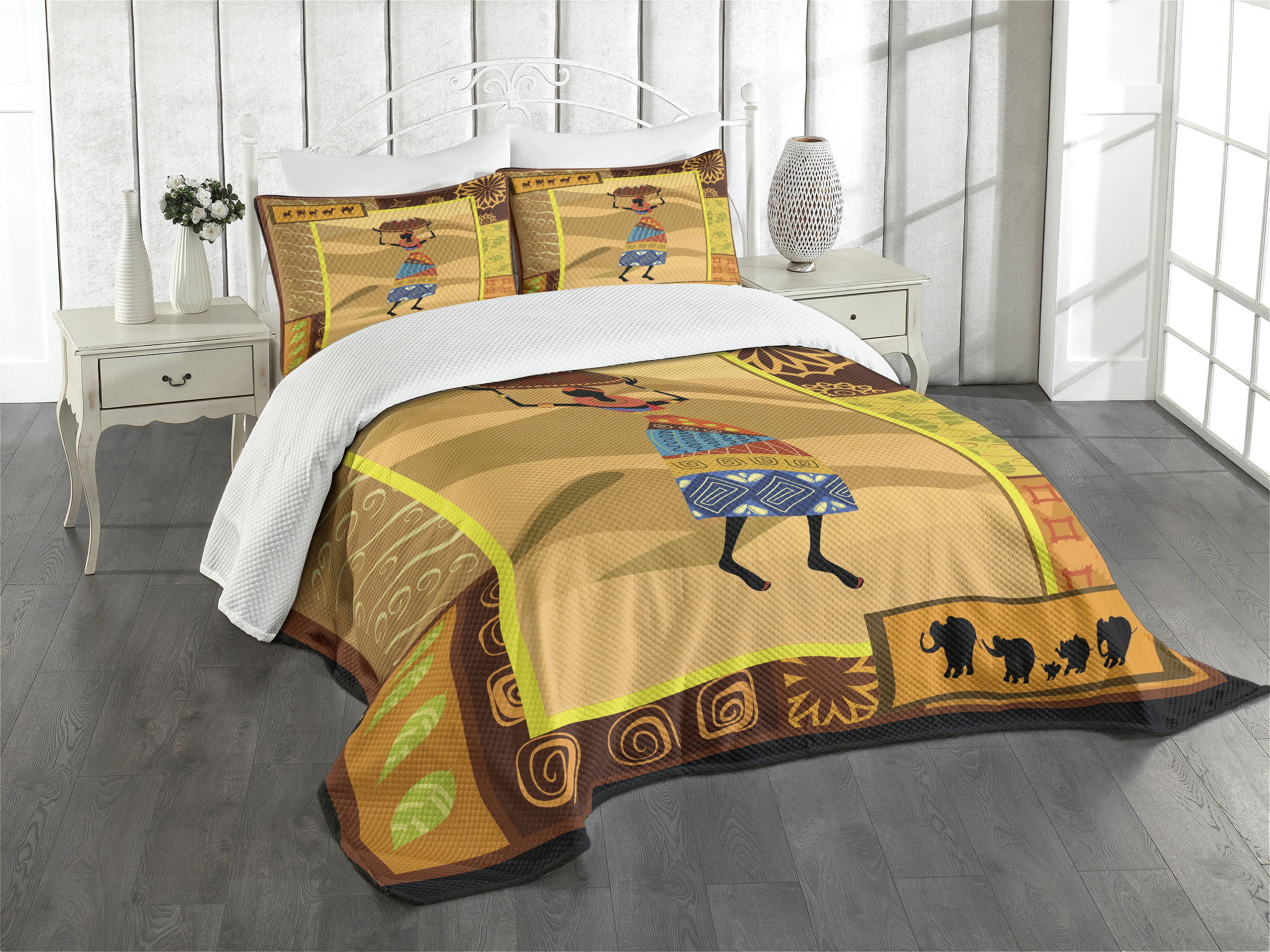 Ambesonne African Quilted Bedspread Set 3 Pcs, Camels s, Queen Size ...