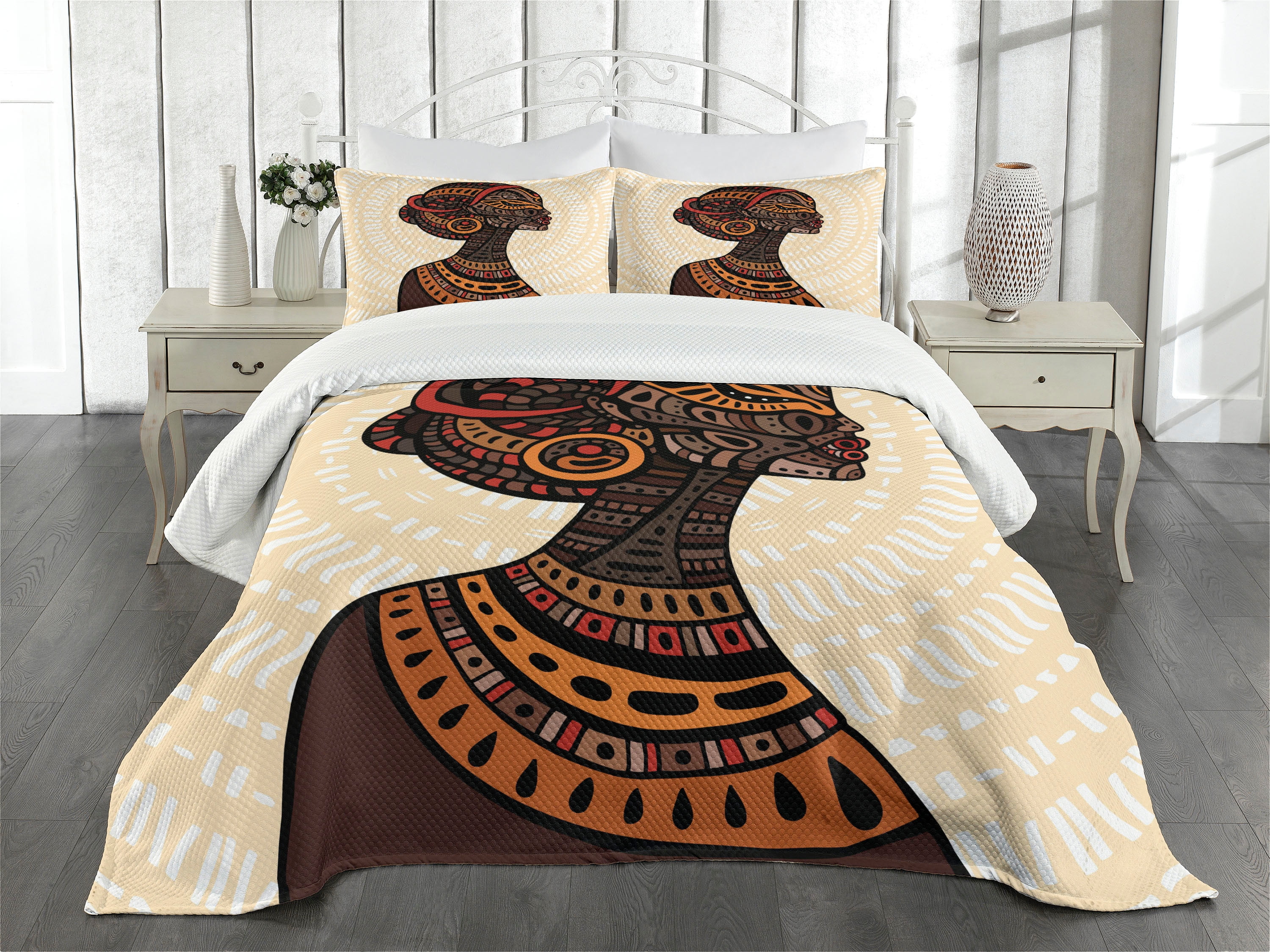 Ambesonne African Quilted Bedspread Set 3 Pcs, Portrait Folk Art, Queen ...