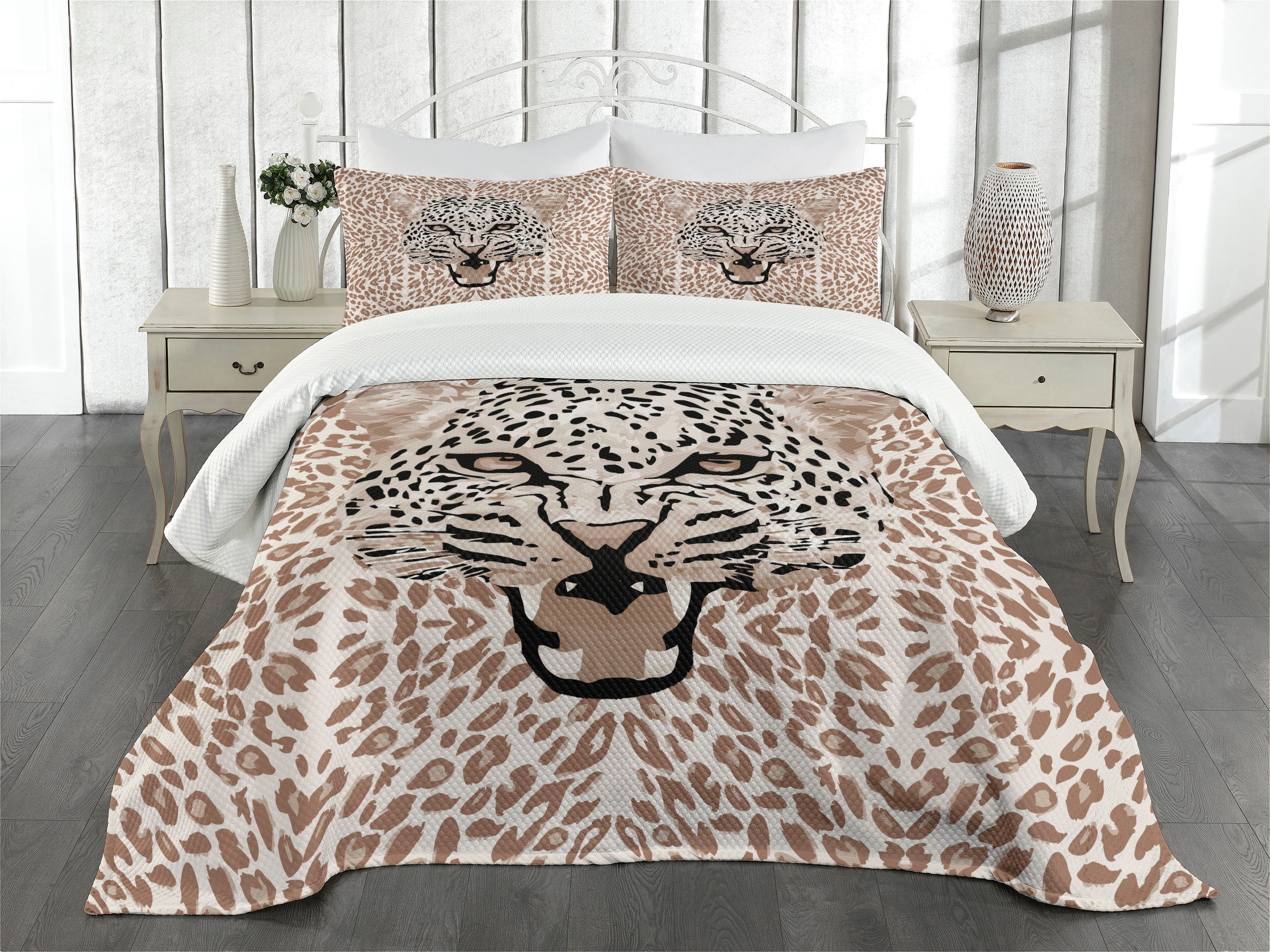 Ambesonne African Quilted Bedspread Set 3 Pcs, Roaring Wild Leopard ...