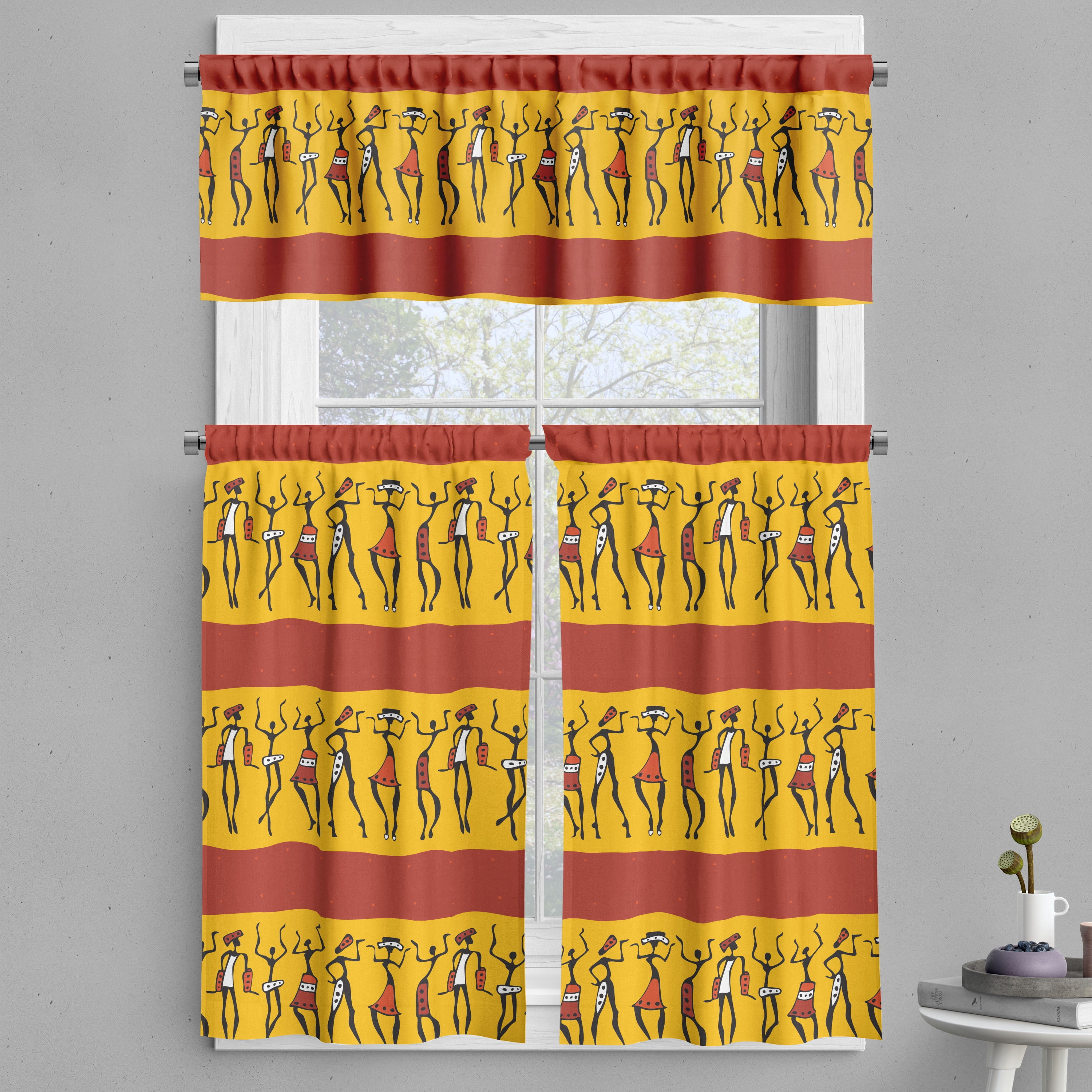 Ambesonne African Valance & Curtain, Dancing People, 55"x36", Dark ...