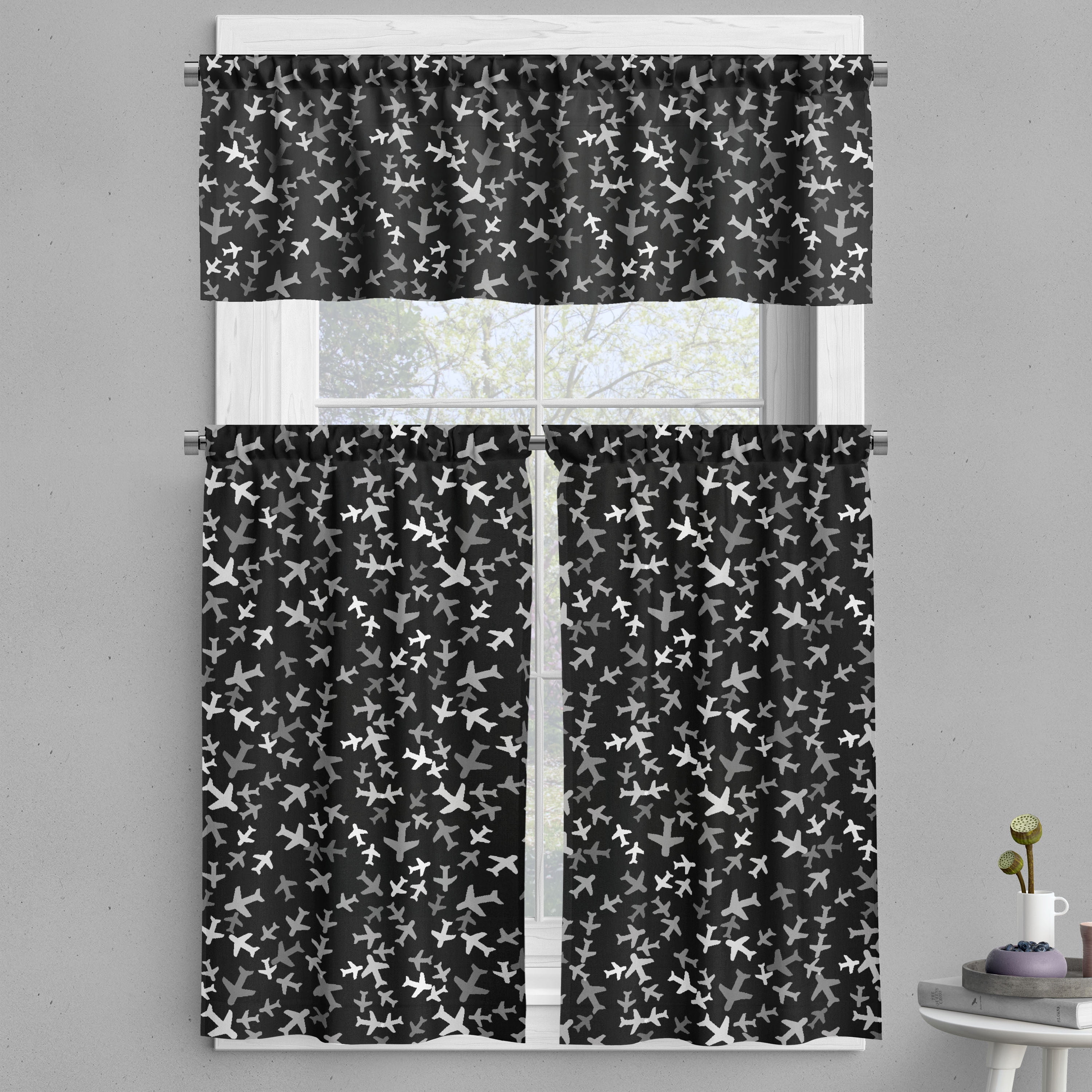 Ambesonne Aircraft Valance & Curtain, Grayscale Minimal Planes, 55"x36 ...