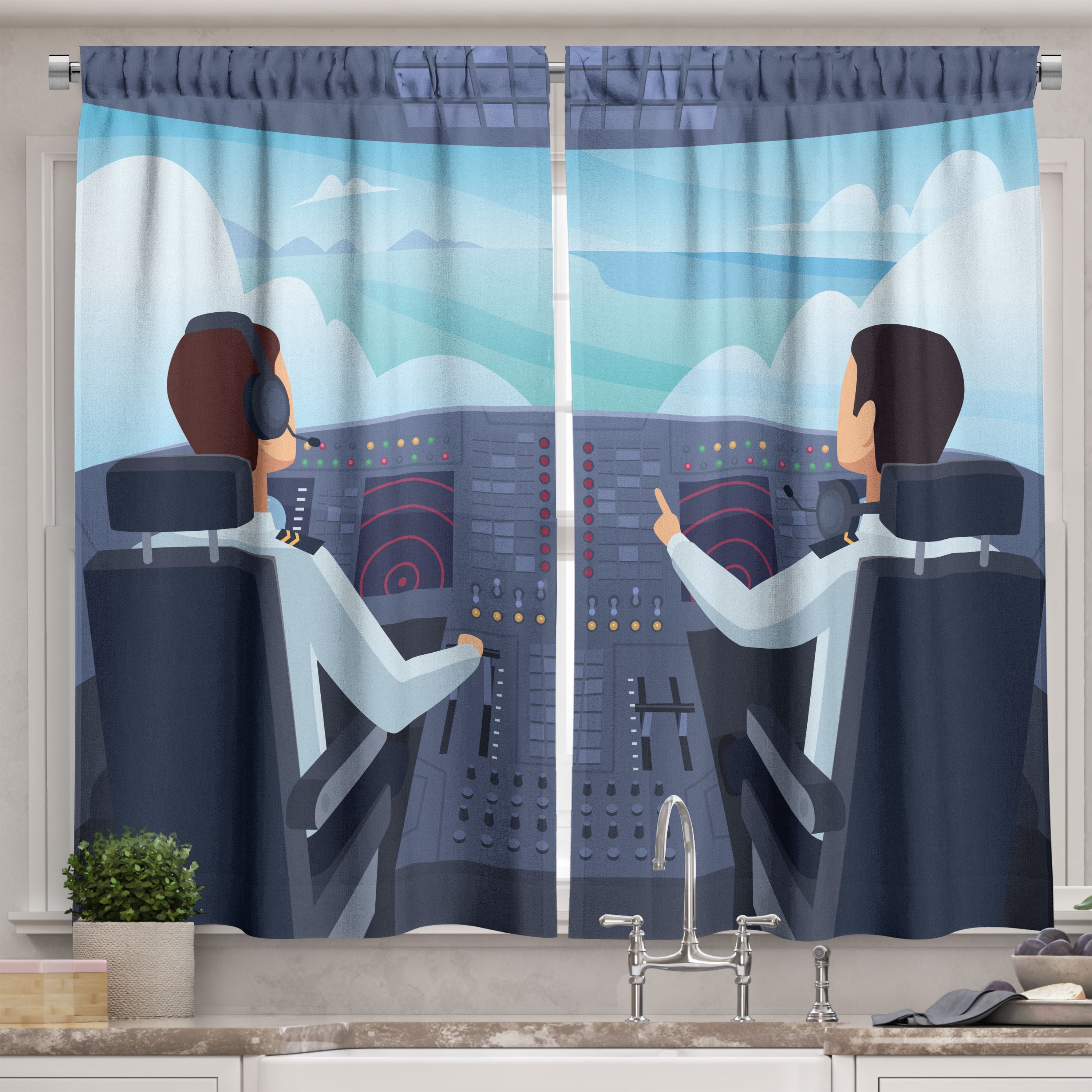 Ambesonne Airplane Cockpit Kitchen Curtains, Pilot Sky Cartoon, 55"x45 ...