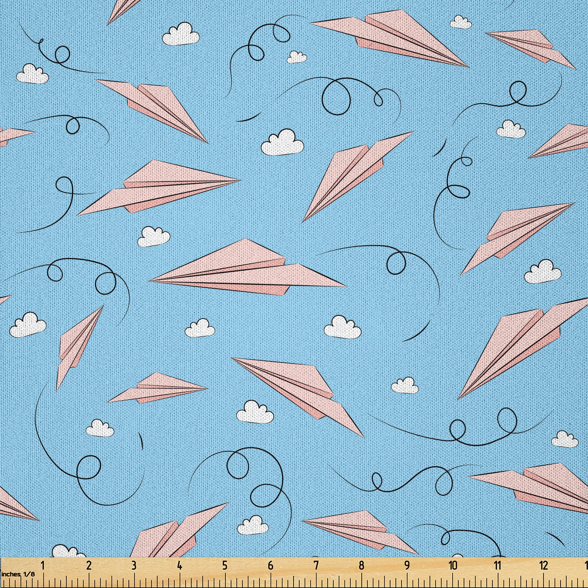 Ambesonne Airplane Fabric by the Yard Microfiber, Clouds Flying Paper ...