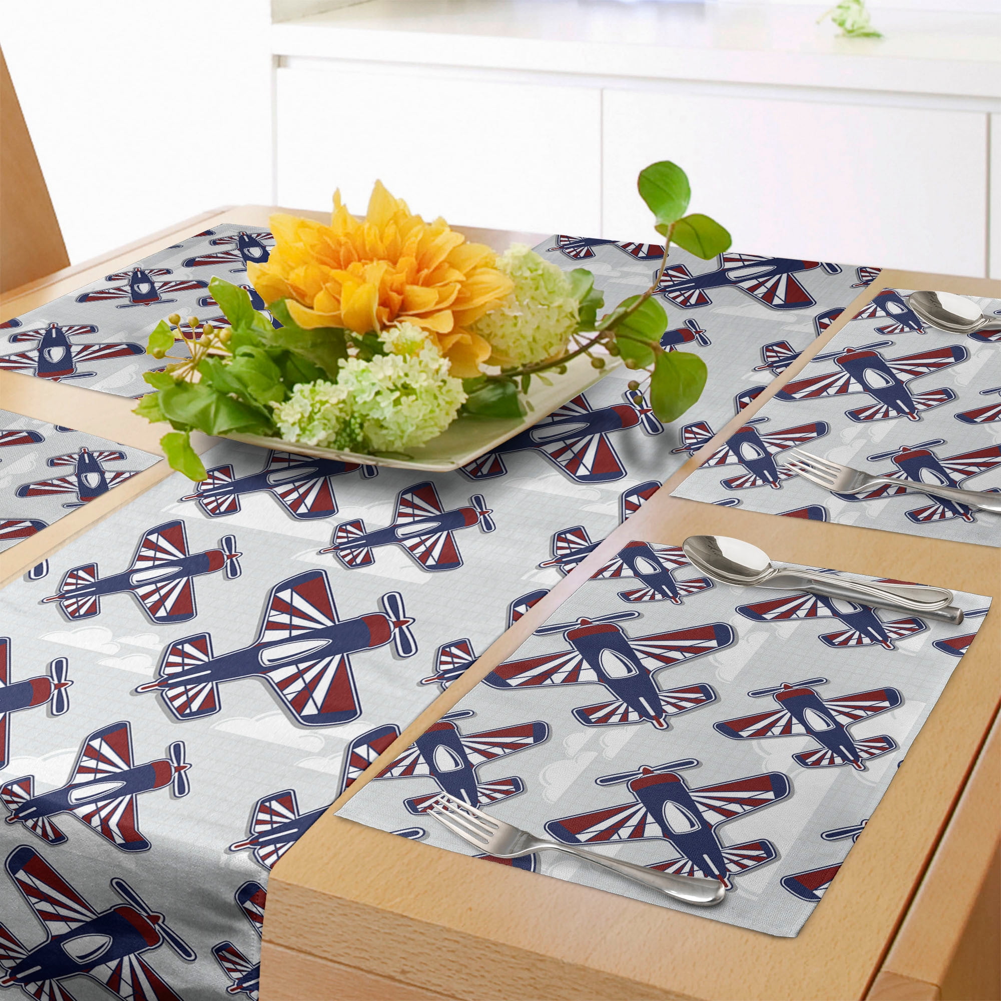 Ambesonne Airplane Table Runner & Placemats, Airships Above Clouds ...