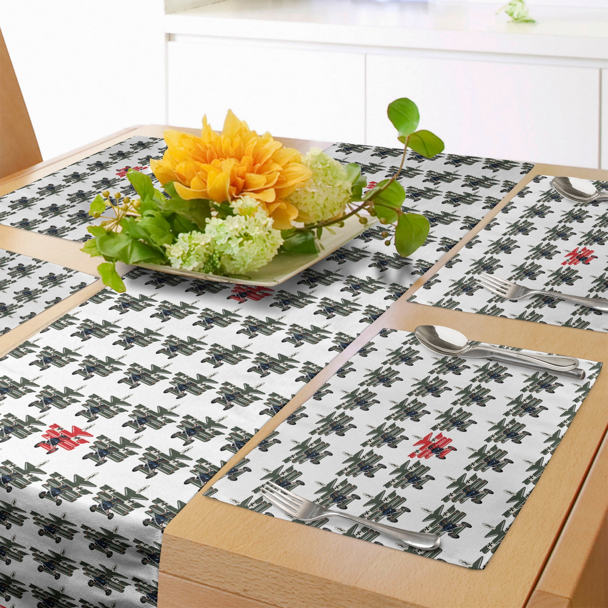 Ambesonne Airplane Table Runner & Placemats, Cartoon Retro Aircraft ...