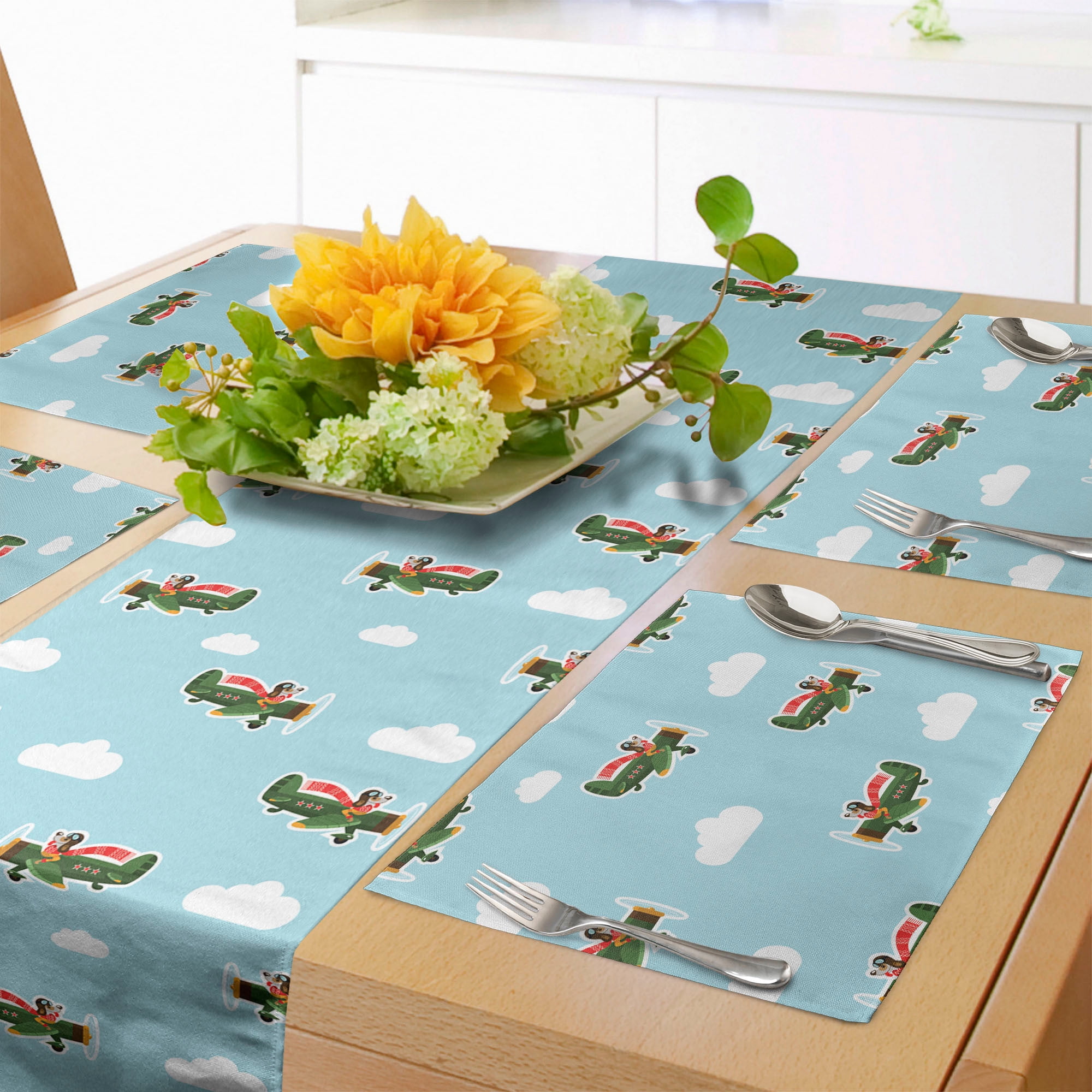Ambesonne Airplane Table Runner & Placemats, Doggies Driving Aircraft ...