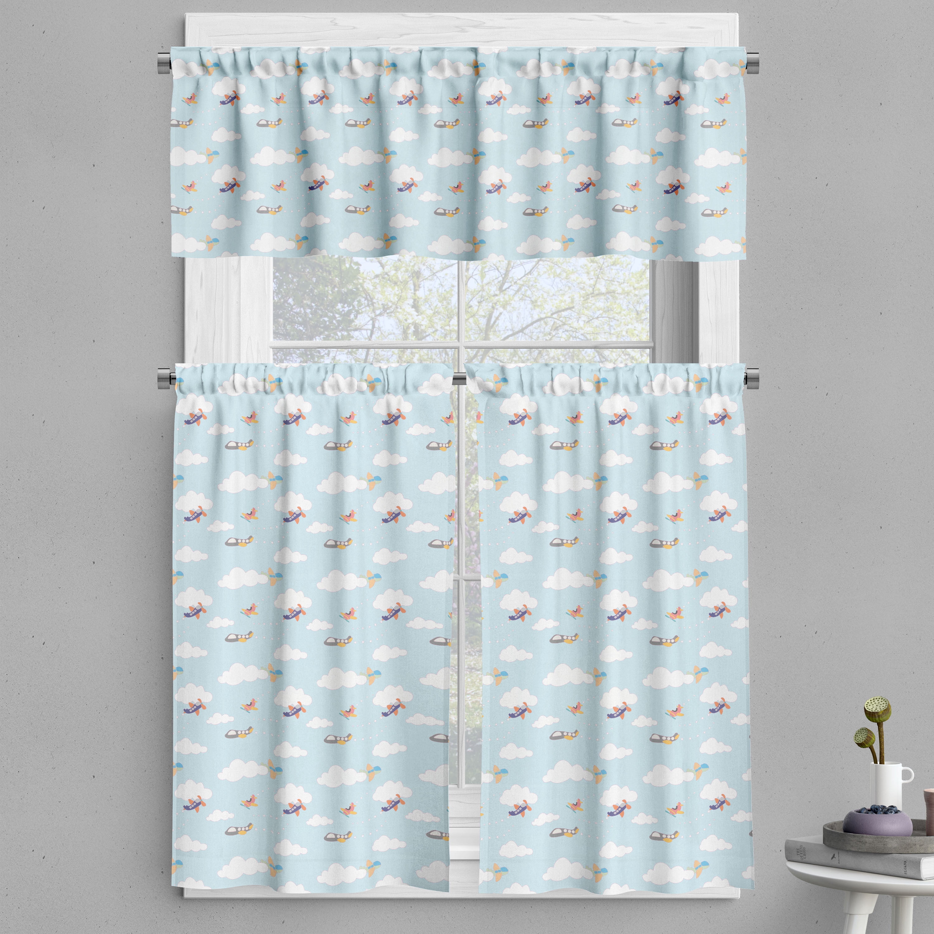 Ambesonne Airplane Valance & Curtain, Clouds and Planes Cartoon, 55"x30 ...