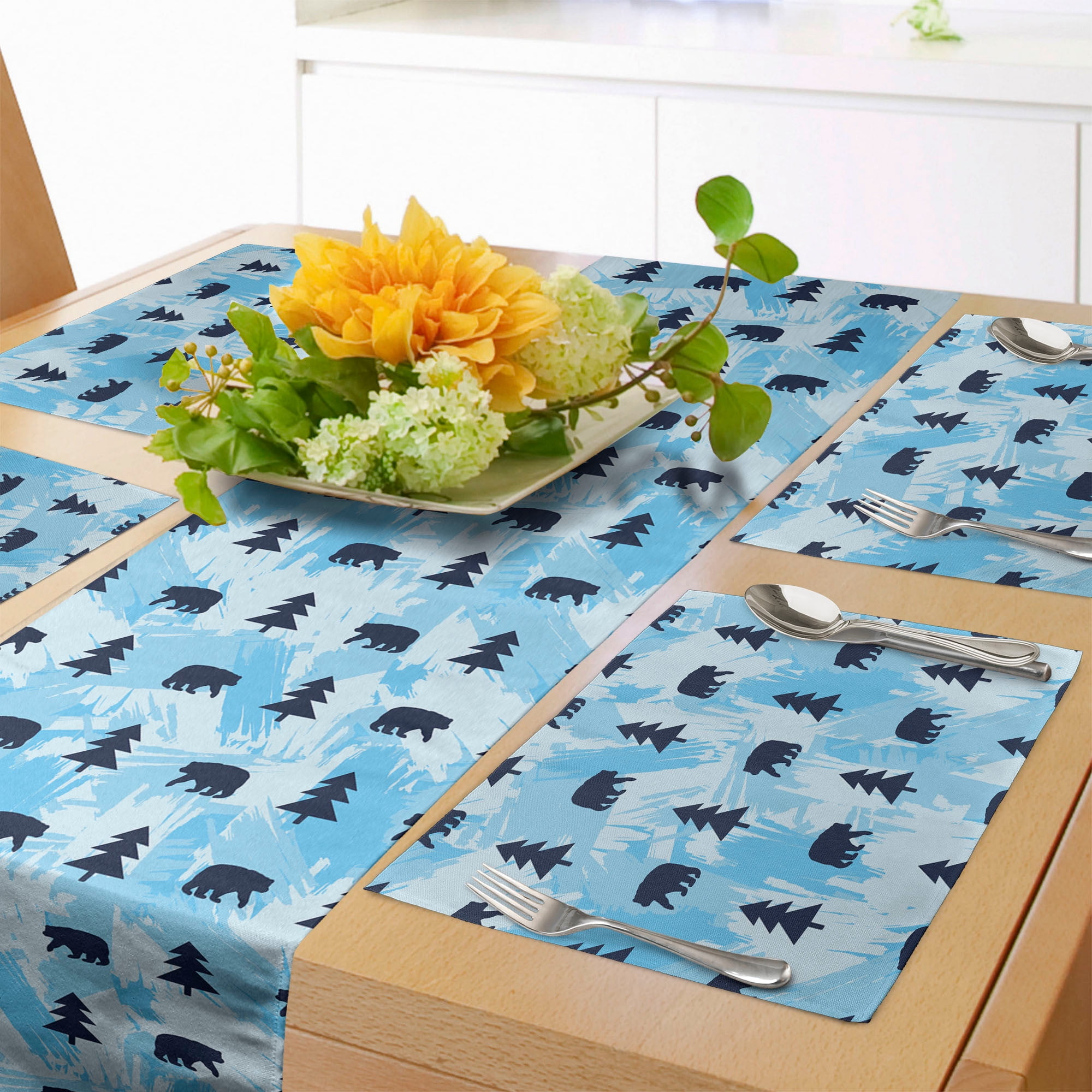 Ambesonne Alaska Table Runner & Placemats, Bears and Fir Trees ...