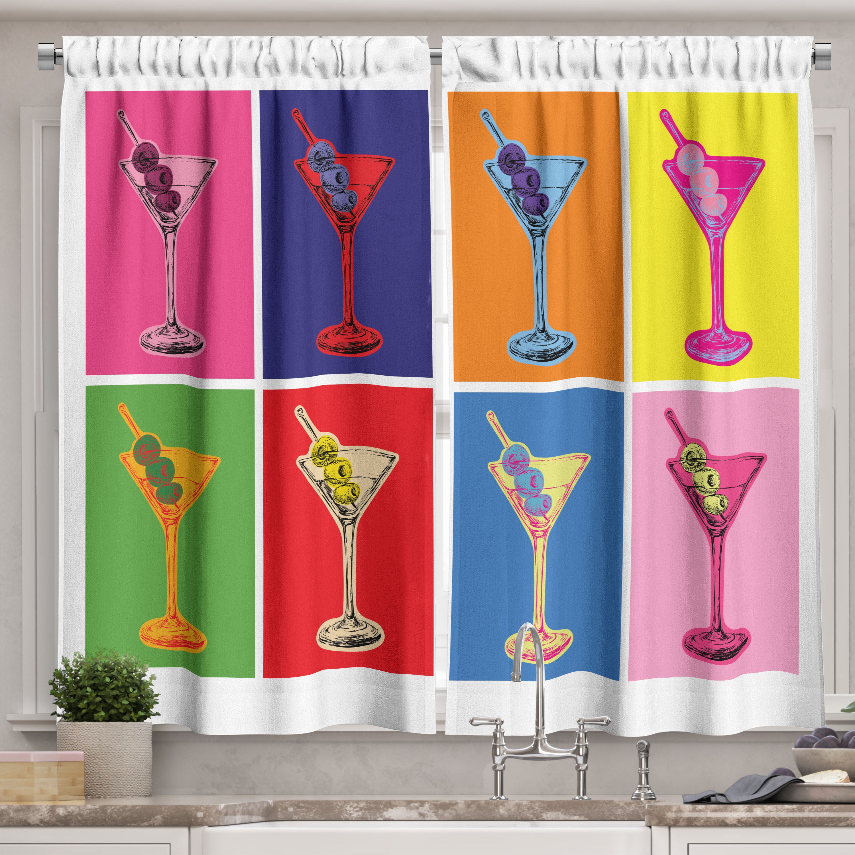Ambesonne Alcohol Kitchen Curtains, Colorful Martini Glass, 55"x39 ...