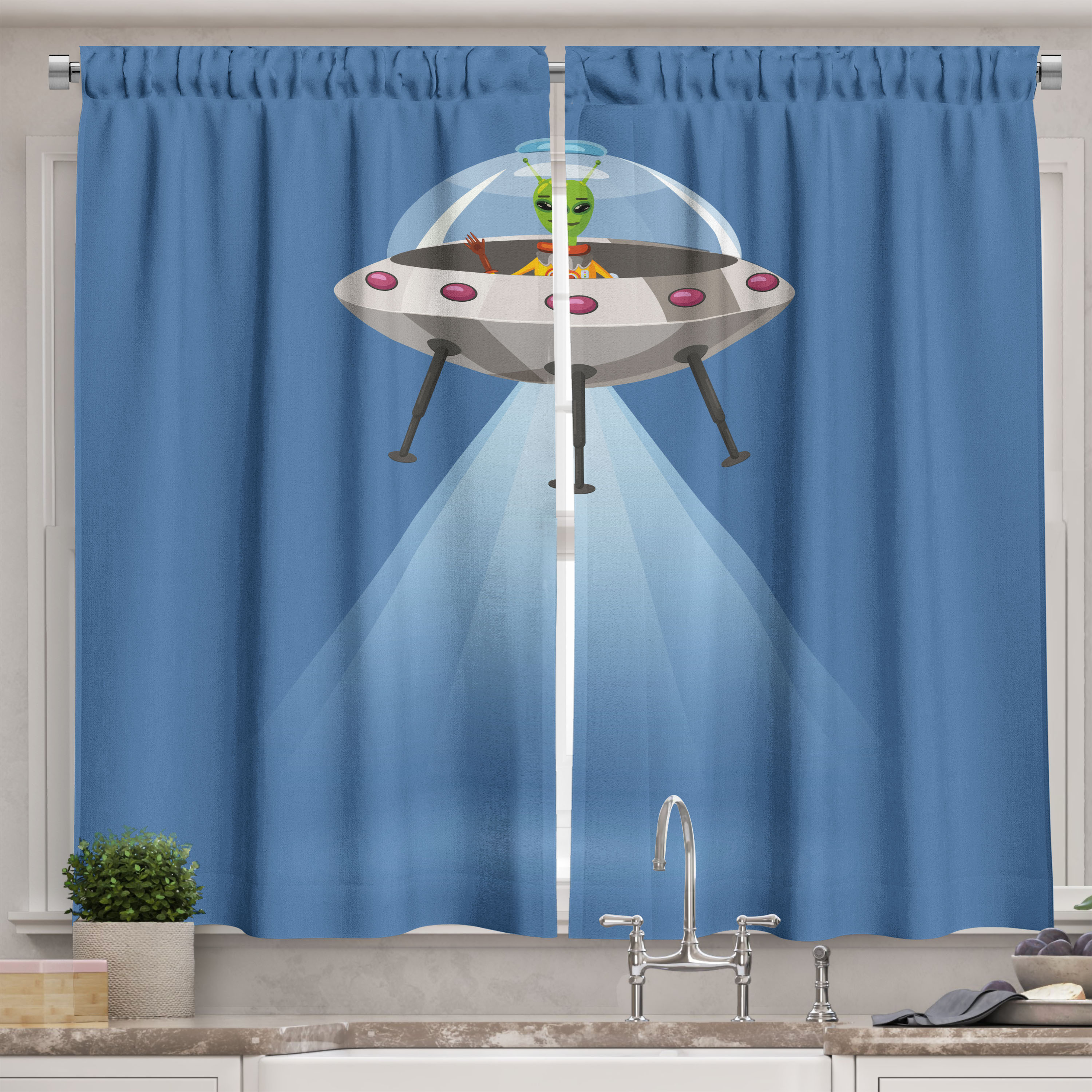 Ambesonne Alien Kitchen Curtains, Spaceship Extraterrestrial, 55"x39 ...