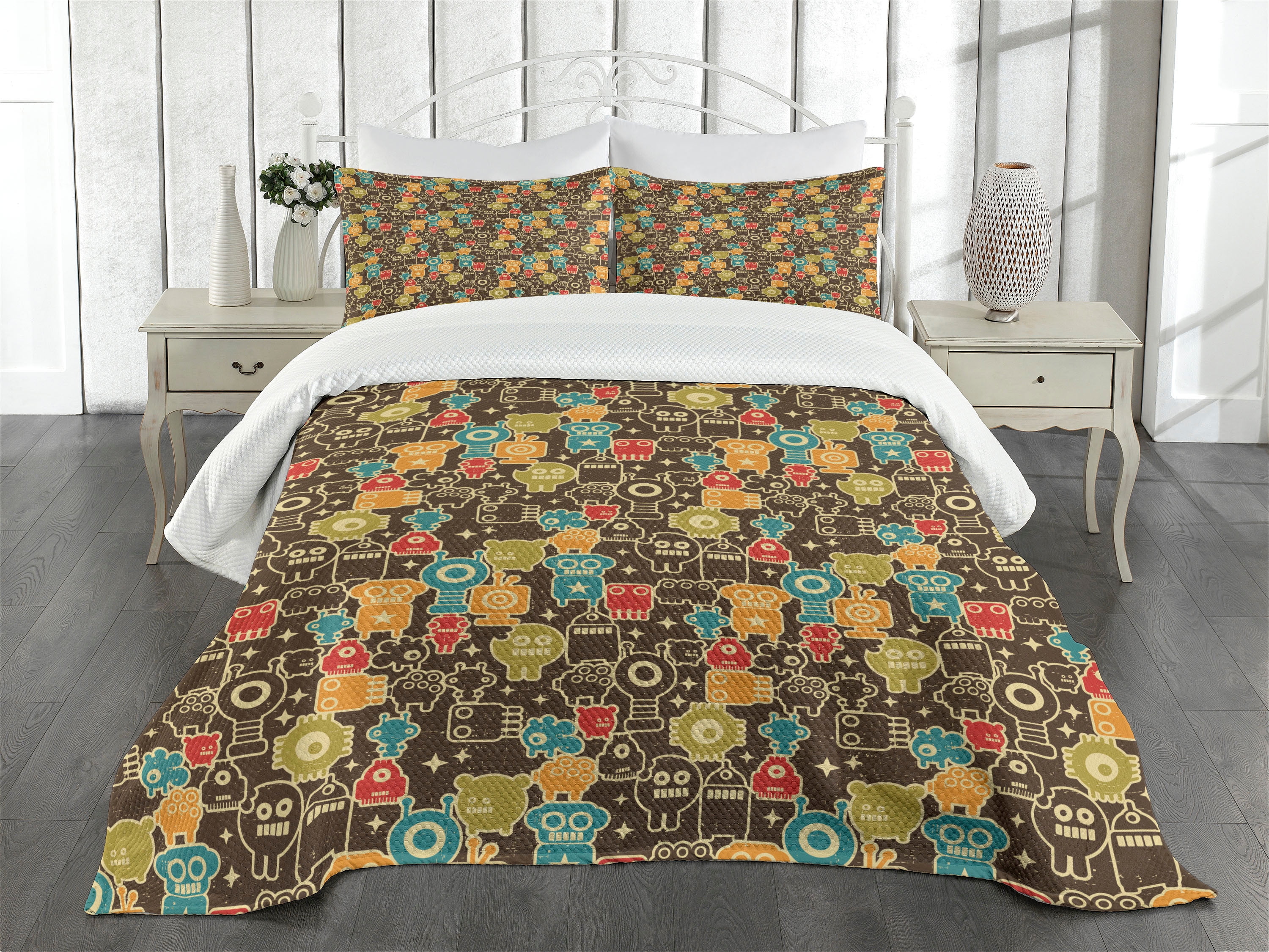 Ambesonne Alien Quilted Bedspread Set 3 Pcs, Robot Monsters in Space ...