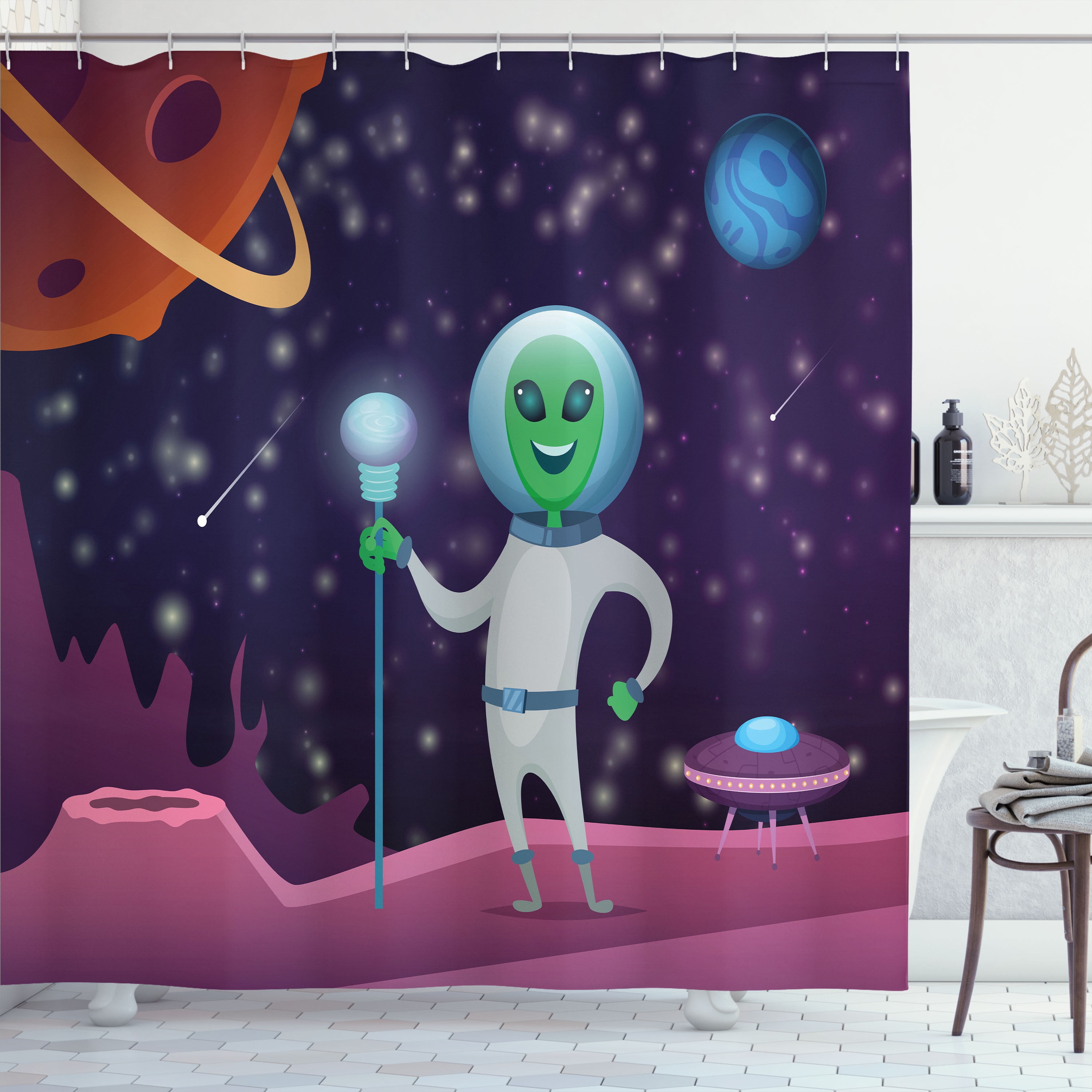 Ambesonne Alien Shower Curtain, Cosmic Space Funny Character, 69"Wx70"L ...