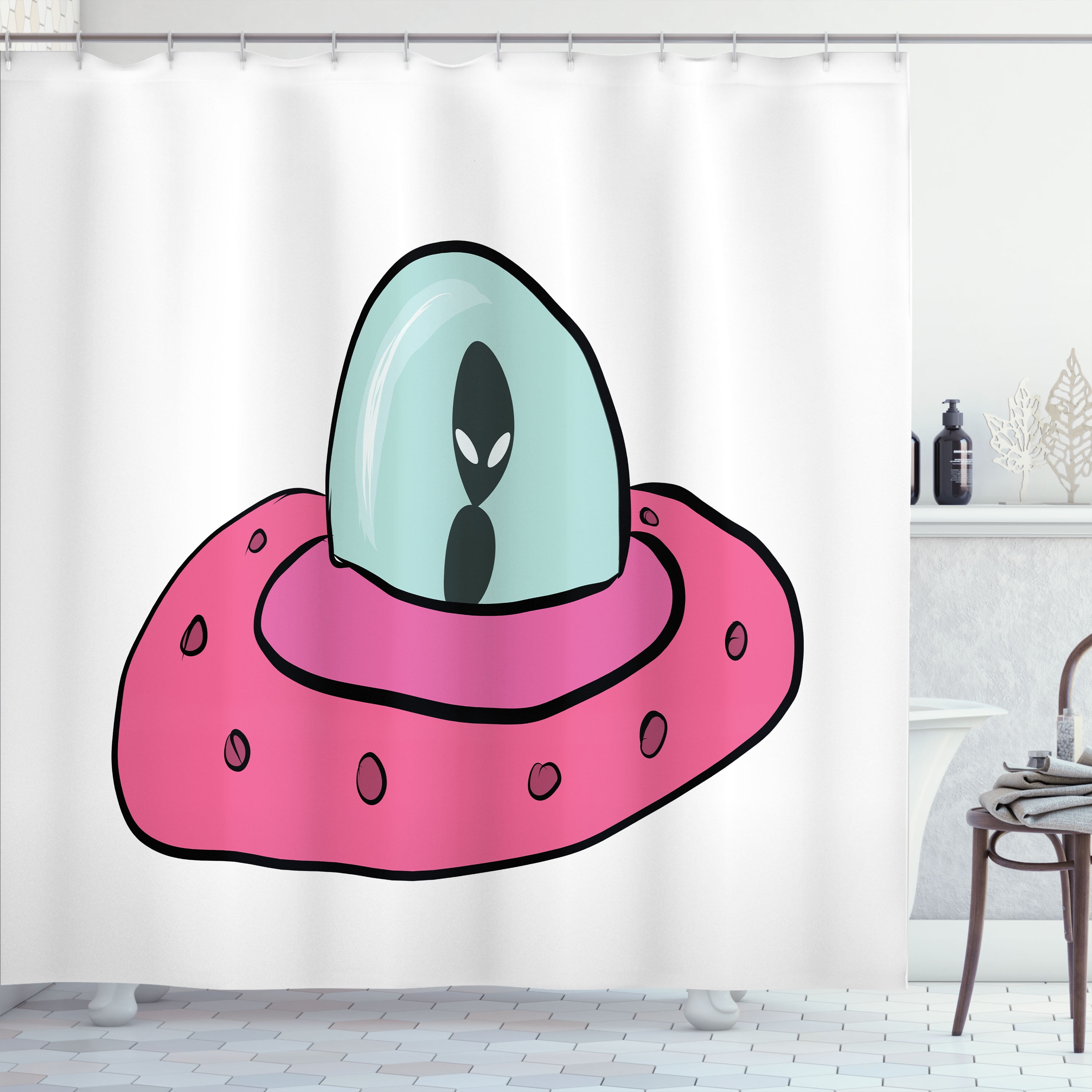 Ambesonne Alien Shower Curtain, Doodle Style Flying Saucer, 69"Wx70"L ...