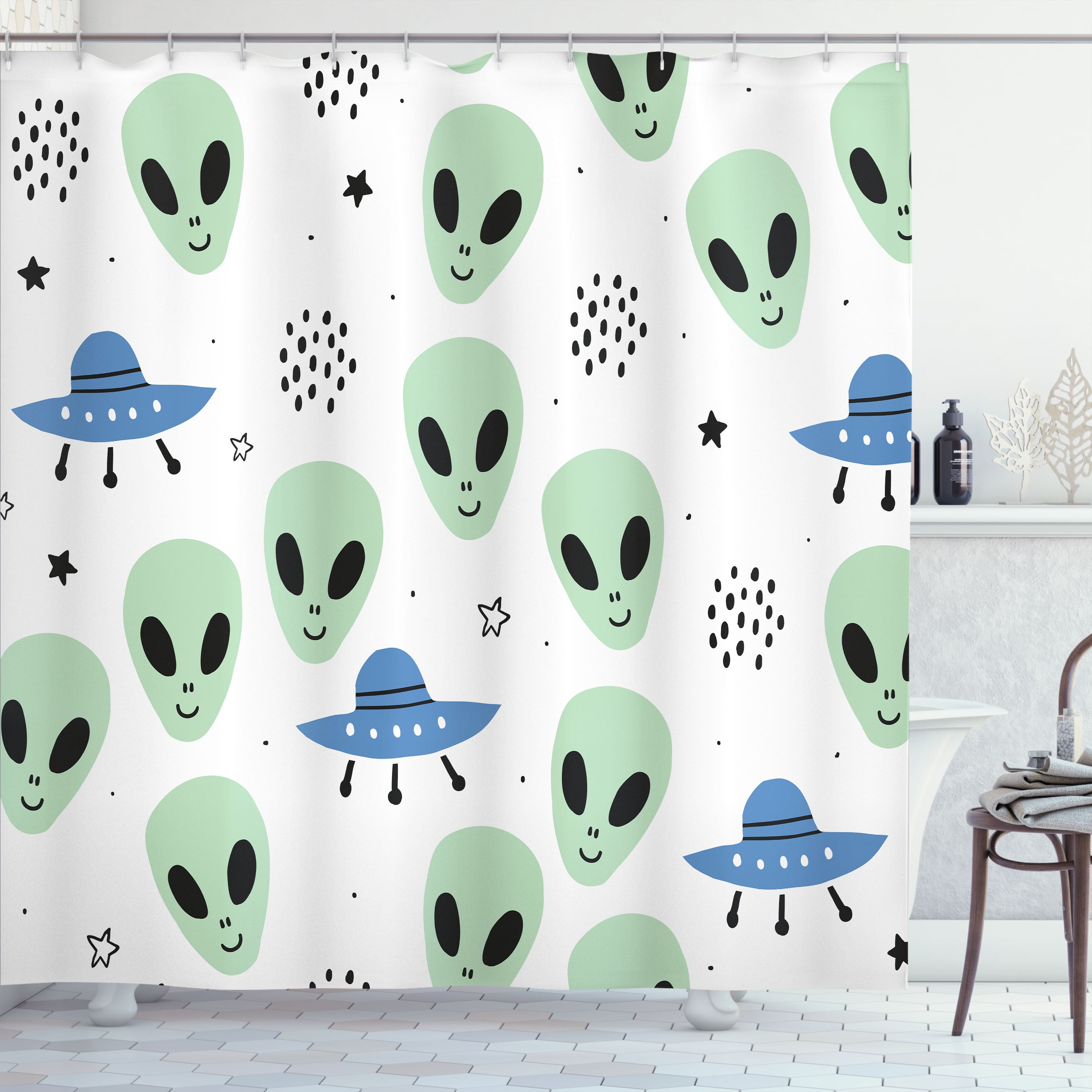 Ambesonne Alien Shower Curtain, UFO Extraterrestrial Faces, 69"Wx75"L ...