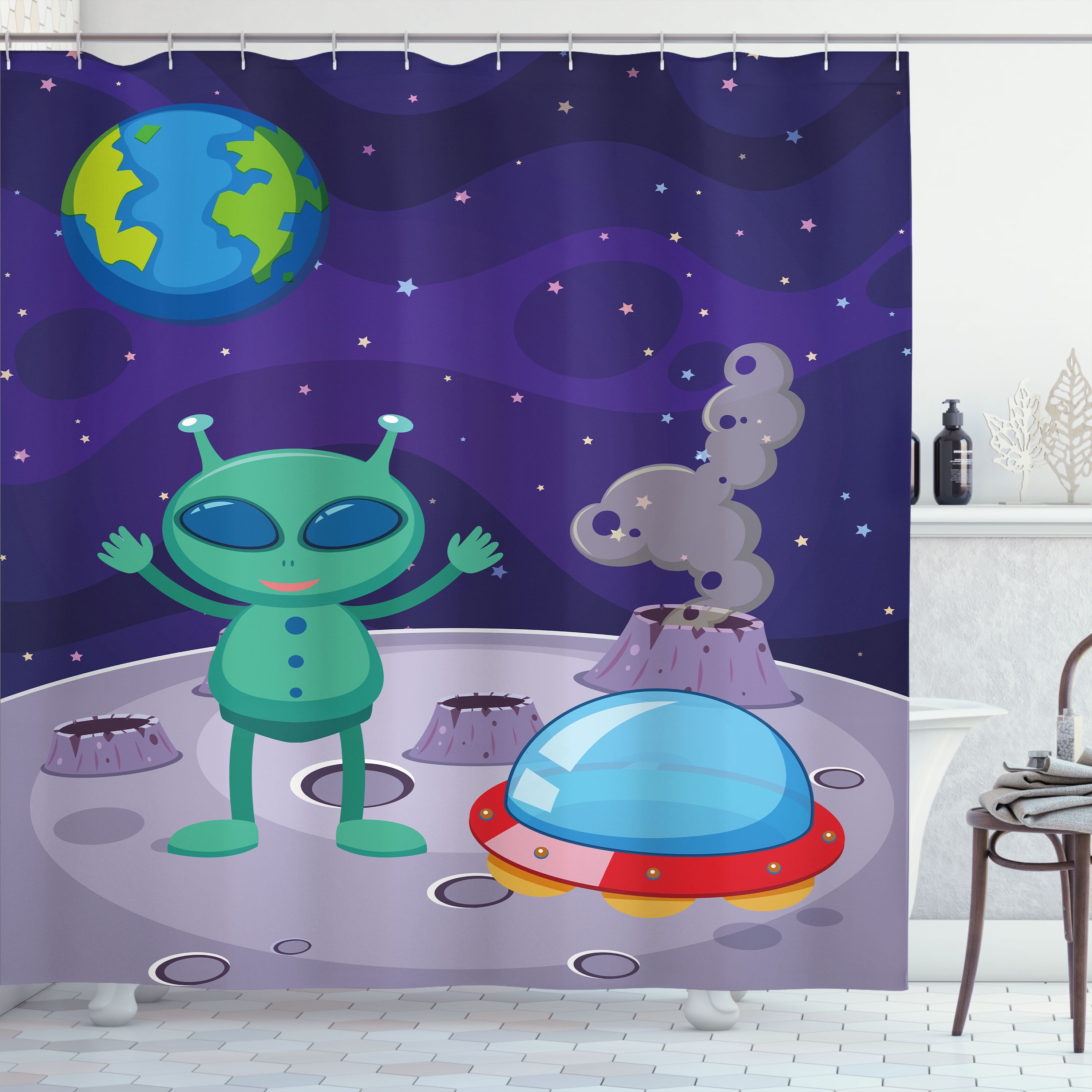 Ambesonne Alien Shower Curtain, Vertical Shot Space Setting, 69"Wx84"L ...