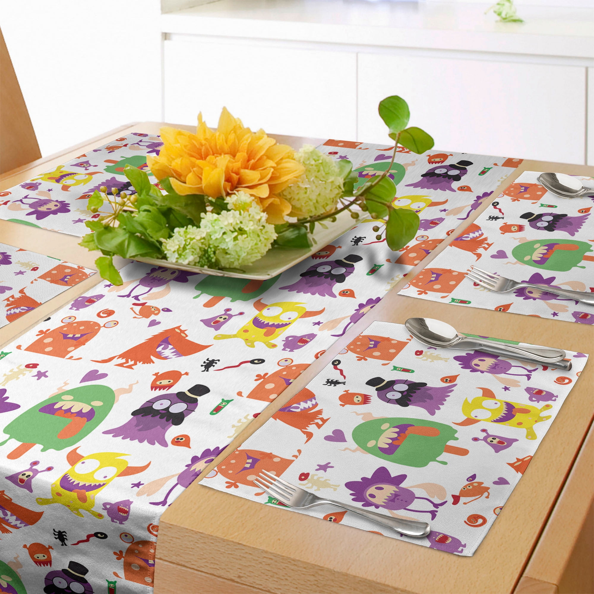 Ambesonne Alien Table Runner & Placemats, Monsters Animal Funny Cartoon ...