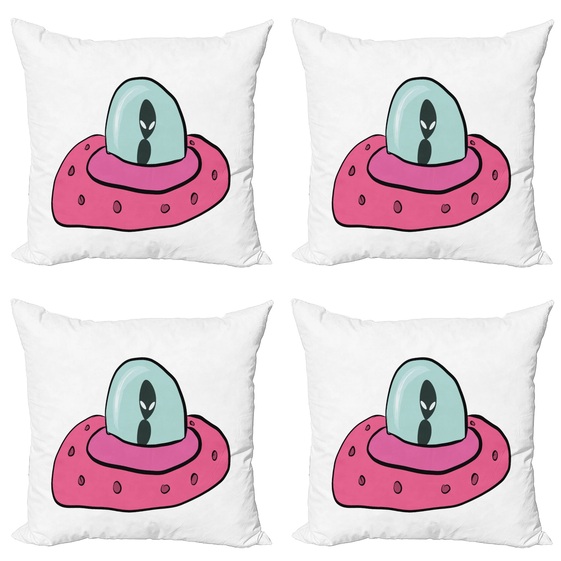 Ambesonne Alien Throw Pillow Cover 4 Pack, Doodle Style Flying Saucer ...