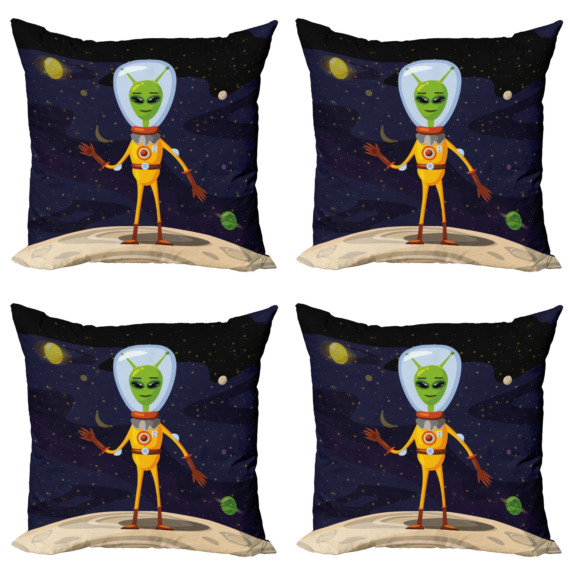 Ambesonne Alien Throw Pillow Cover 4 Pack, Funny Creature in a ...