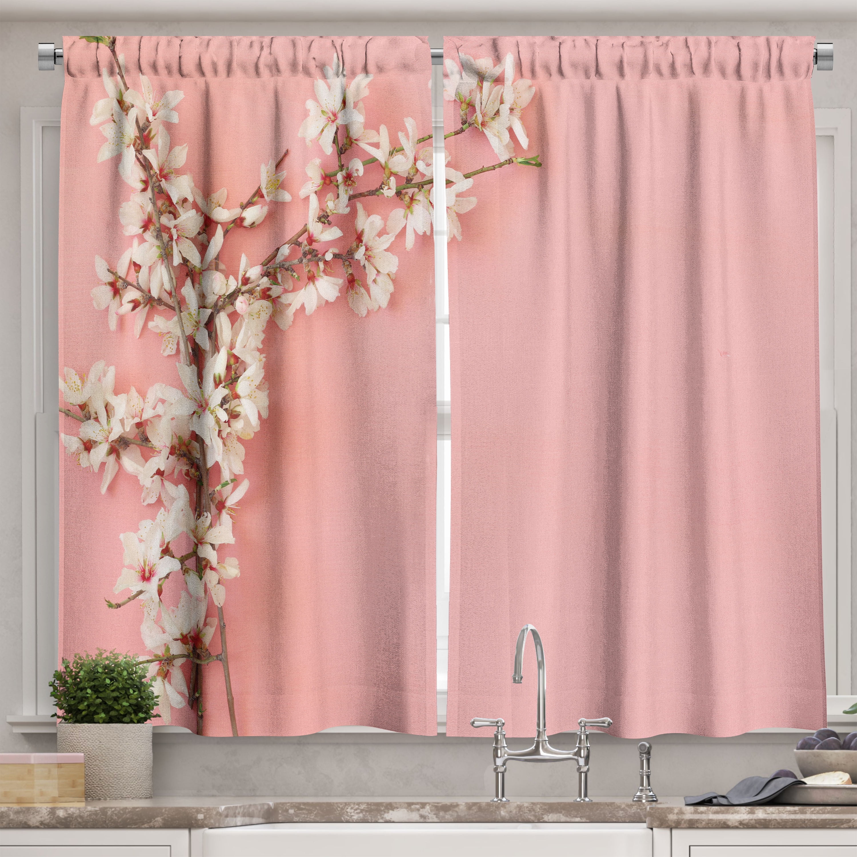 Ambesonne Almond Blossom Kitchen Curtains, Tree on Pastel Pink, 55"x39 ...