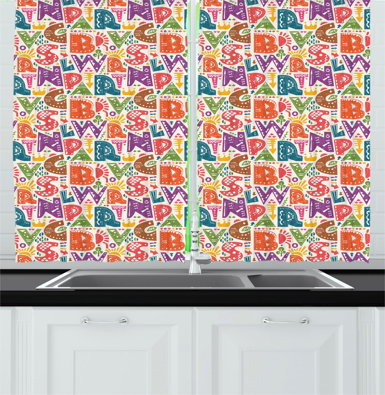 Ambesonne Alphabet Kitchen Curtains, Capital Letters Doodles, 55"x39 ...